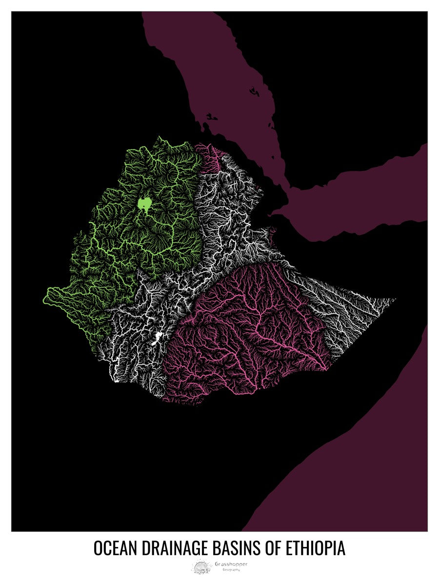 Ocean drainage basin map of Ethiopia - black with polygons – Grasshopper Geography
