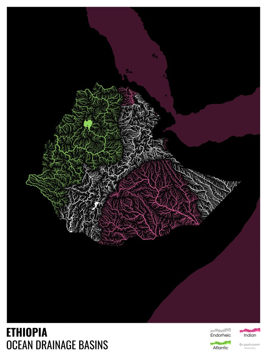 Ocean Drainage Basin Map Of Ethiopia Black With Polygons And Legend