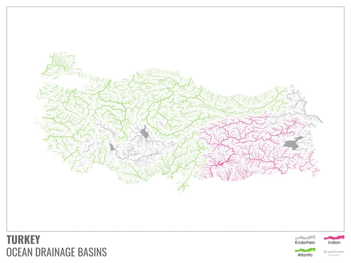 Ocean drainage basin map of Turkey - white with legend – Grasshopper Geography
