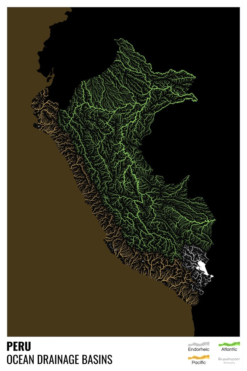 Ocean drainage basin map of Peru - black with polygons and legend – Grasshopper Geography