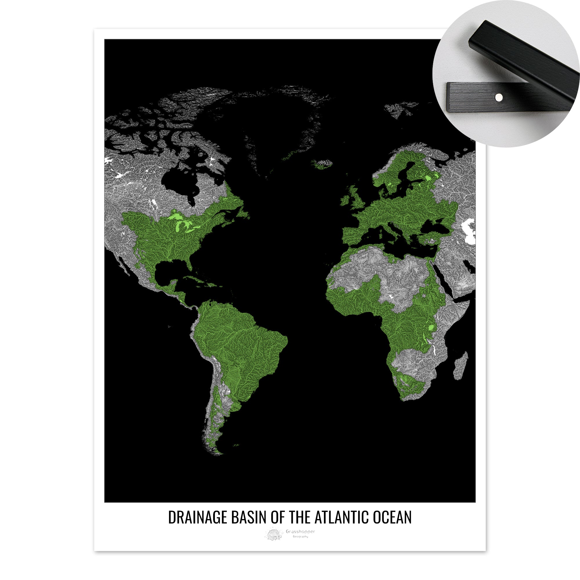 Atlantic Ocean Drainage Basin Map Black V1 Fine Art Print With Ha