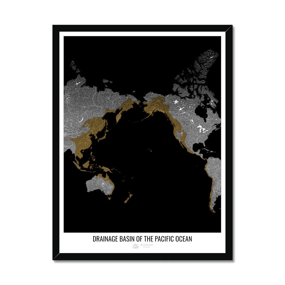 Pacific Ocean Drainage Basin Map Black V1 Framed Print
