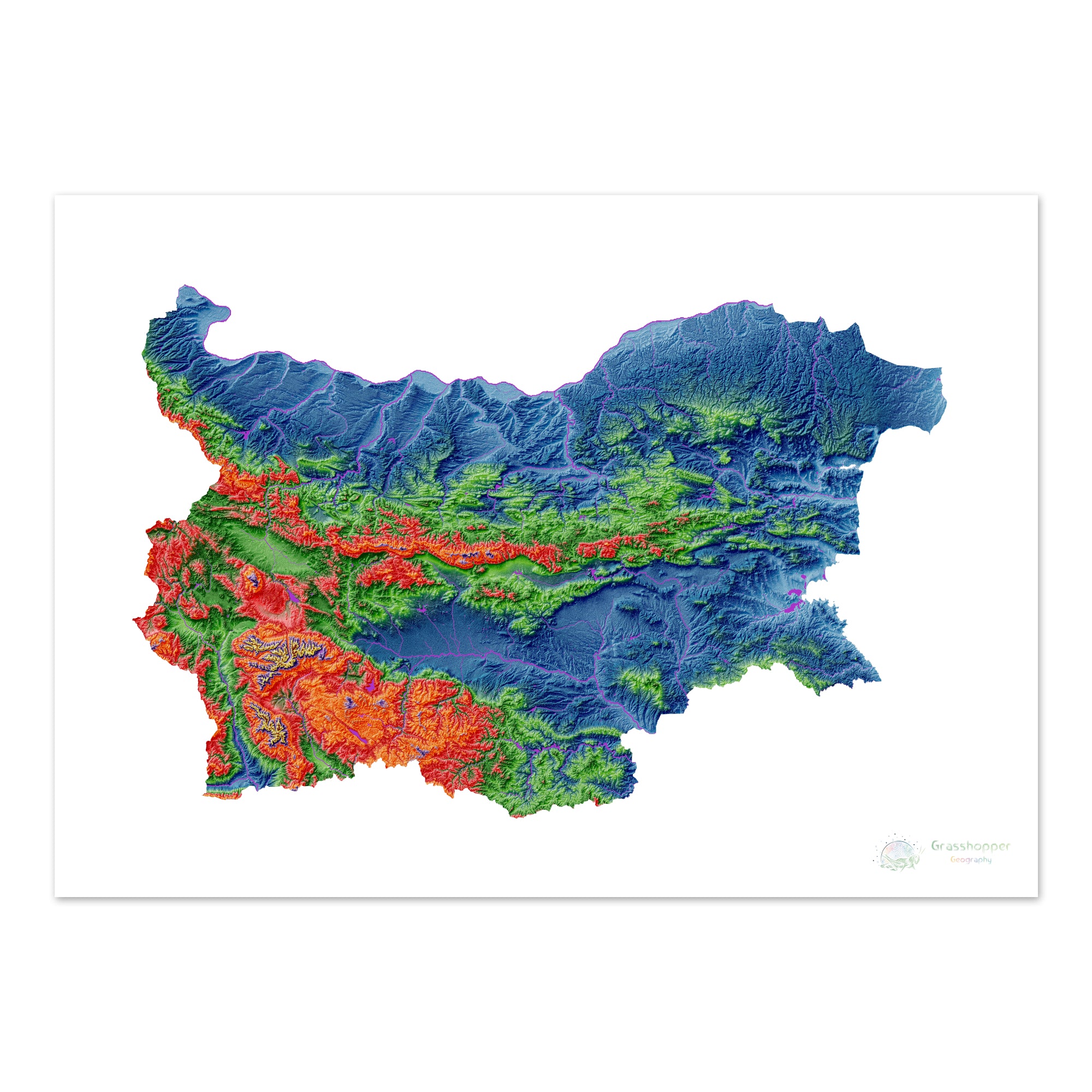 Bulgaria - Elevation map, white - Fine Art Print – Grasshopper Geography