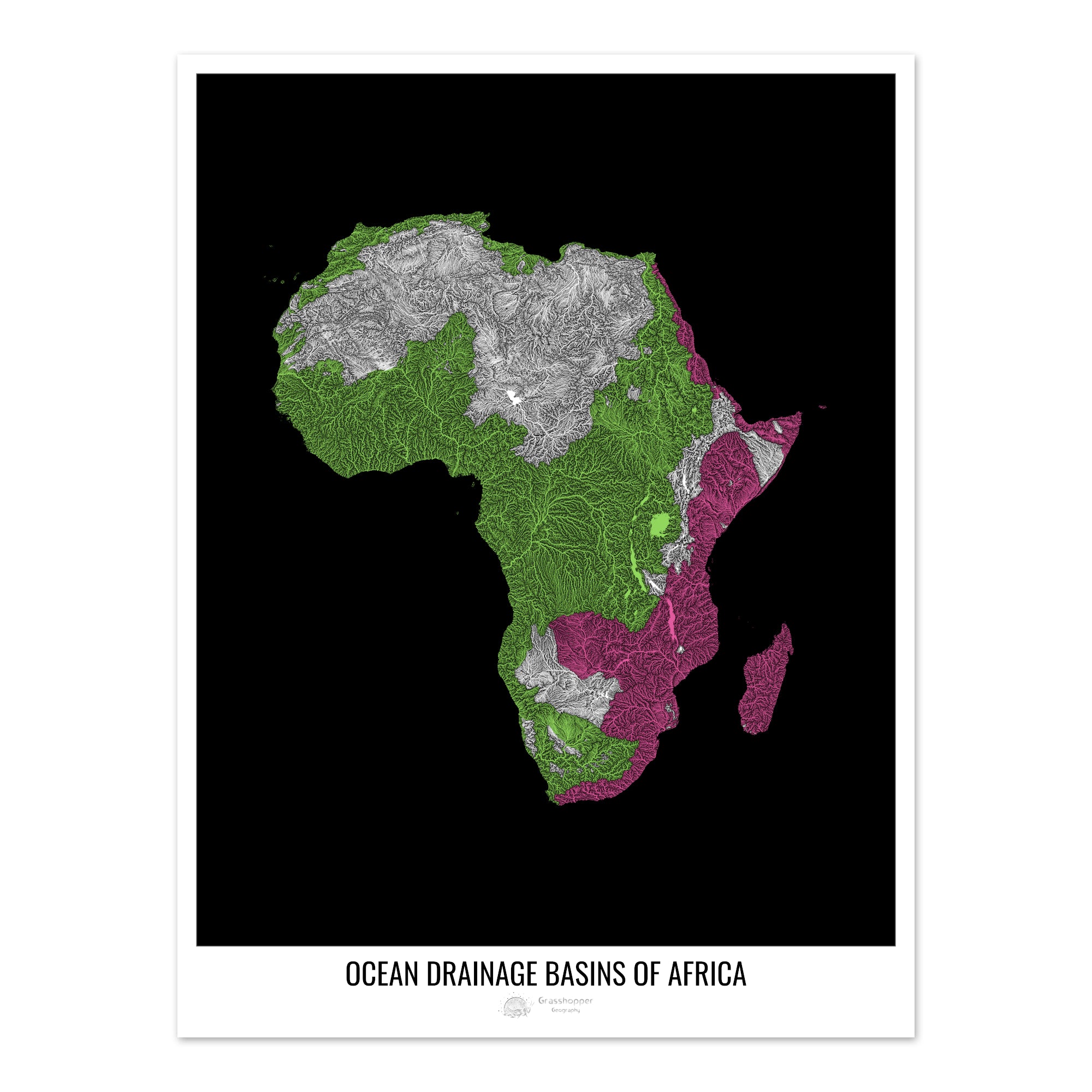 Africa Ocean Drainage Basin Map Black V1 Fine Art Print