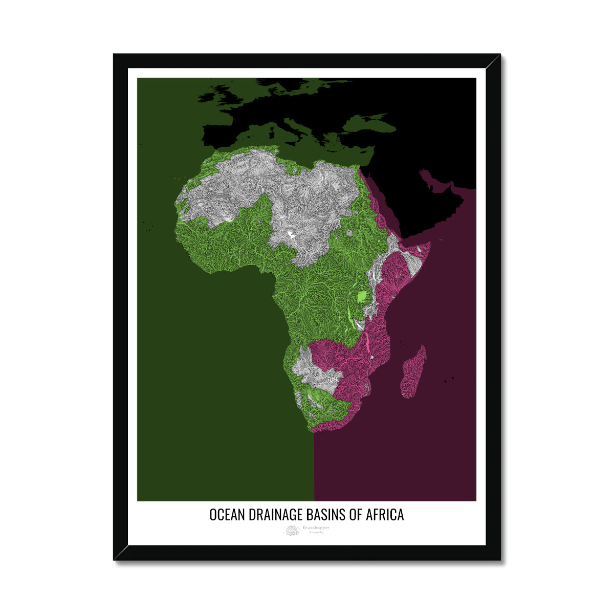 Africa Ocean Drainage Basin Map Black V2 Framed Print