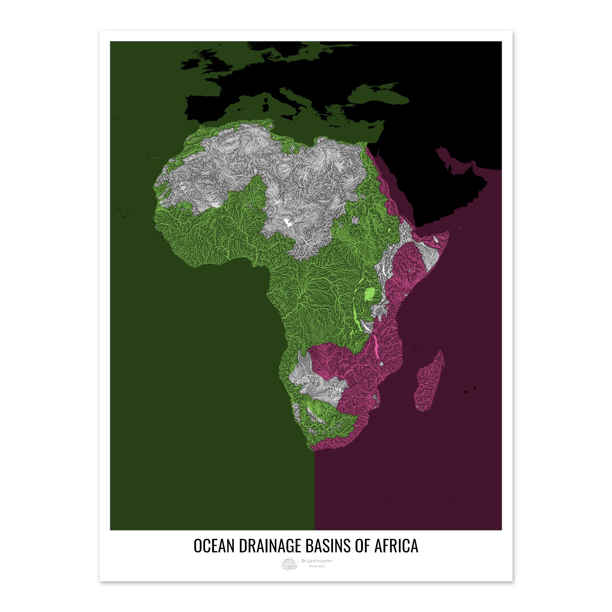 Africa Ocean Drainage Basin Map Black V2 Photo Art Print