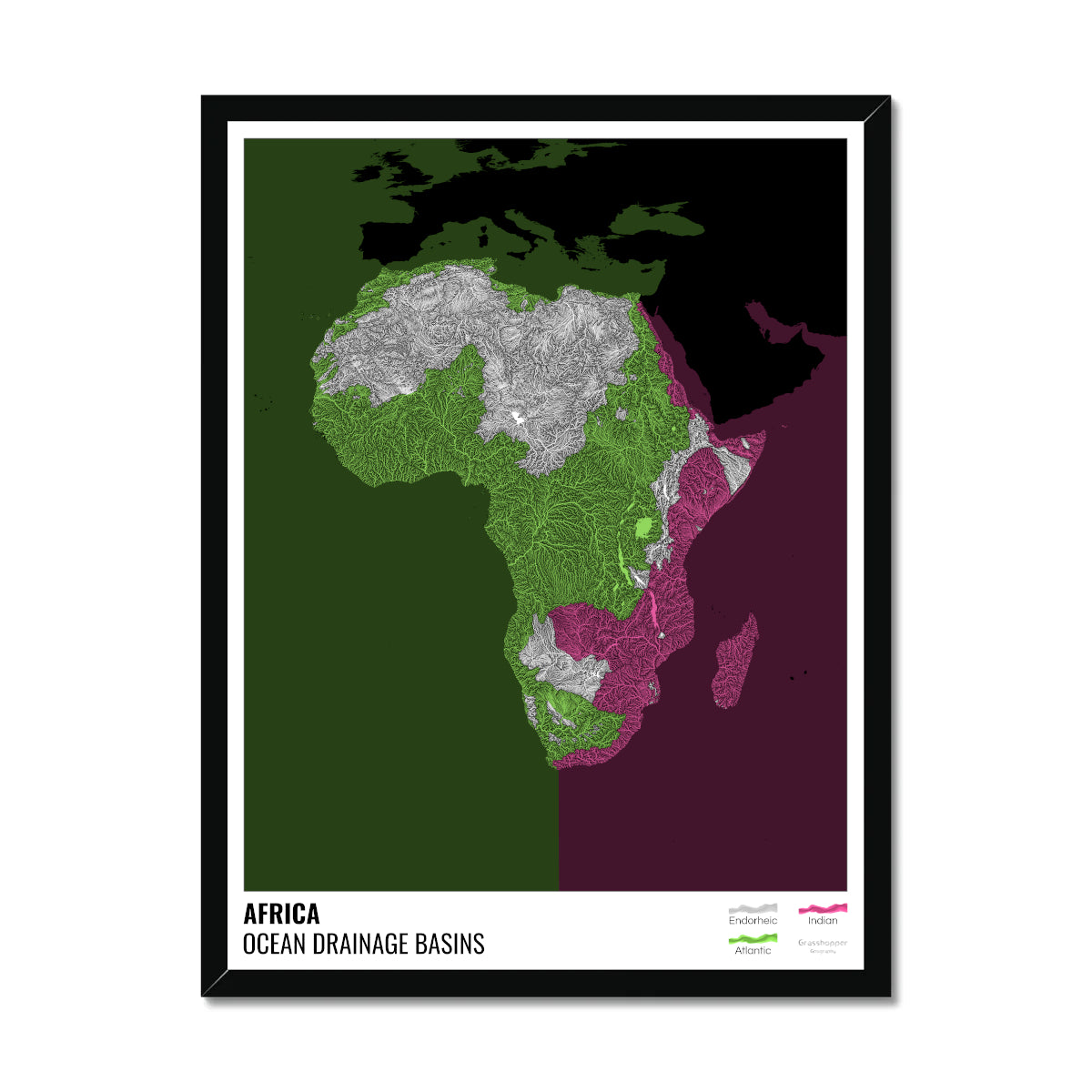 Africa Ocean Drainage Basin Map Black With Legend V2 Framed Print
