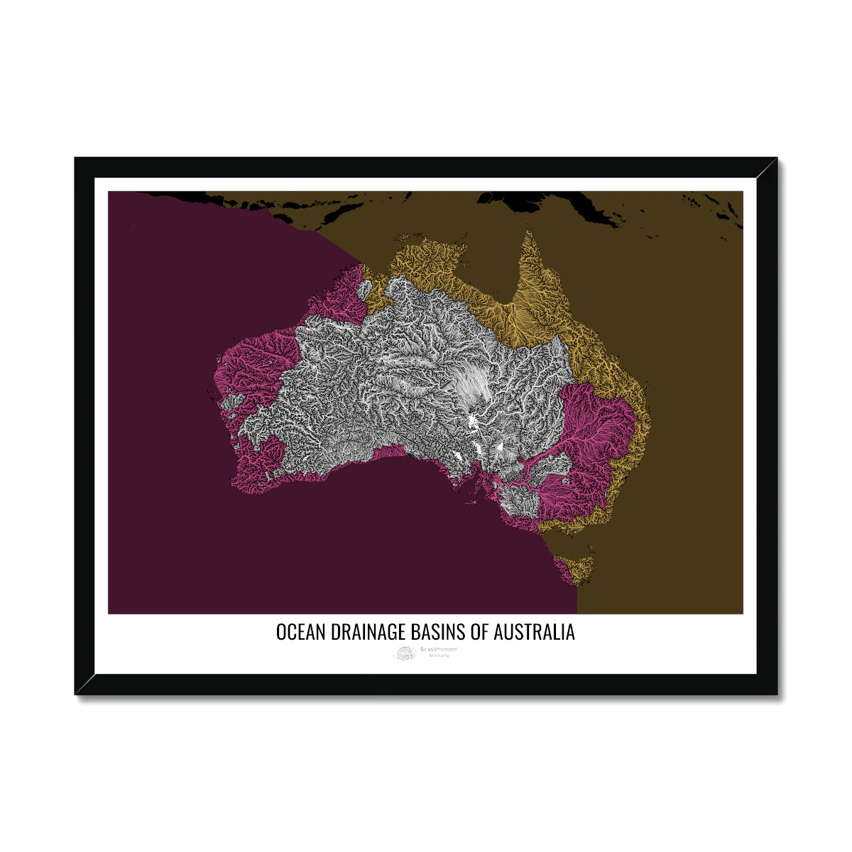 Australia Ocean Drainage Basin Map Black V2 Framed Print