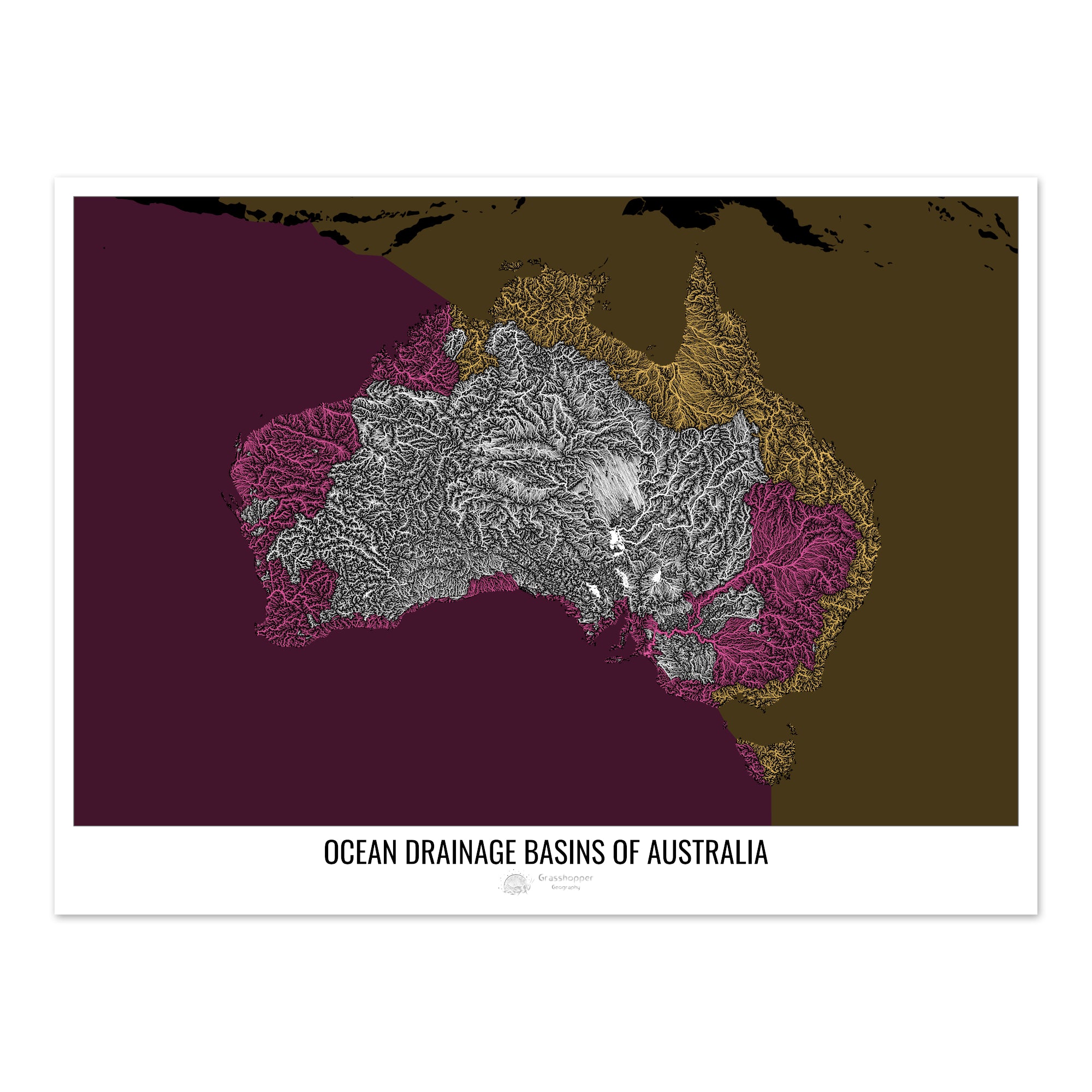 Australia Ocean Drainage Basin Map Black V2 Photo Art Print