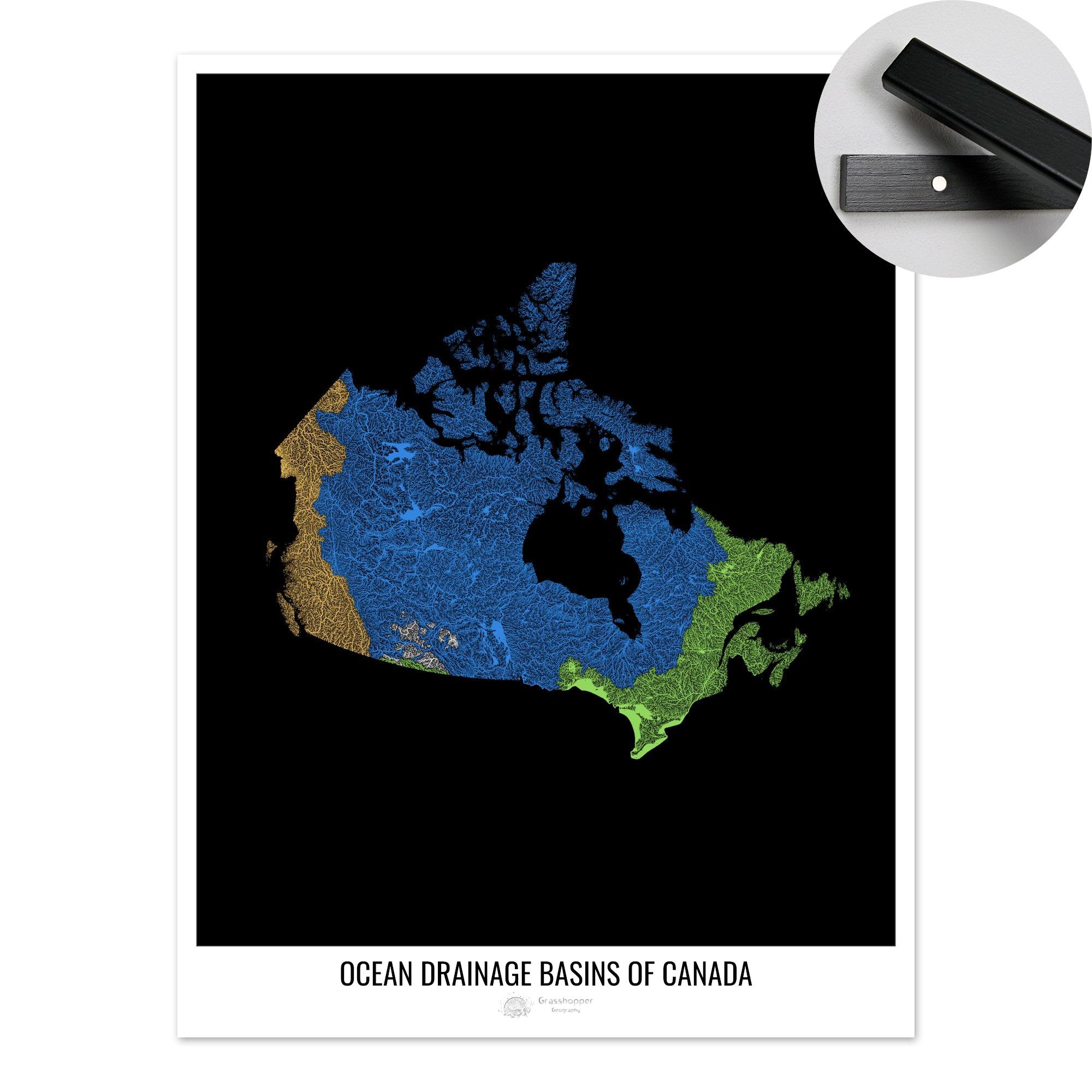 Canada Ocean Drainage Basin Map Black V1 Fine Art Print With Hang
