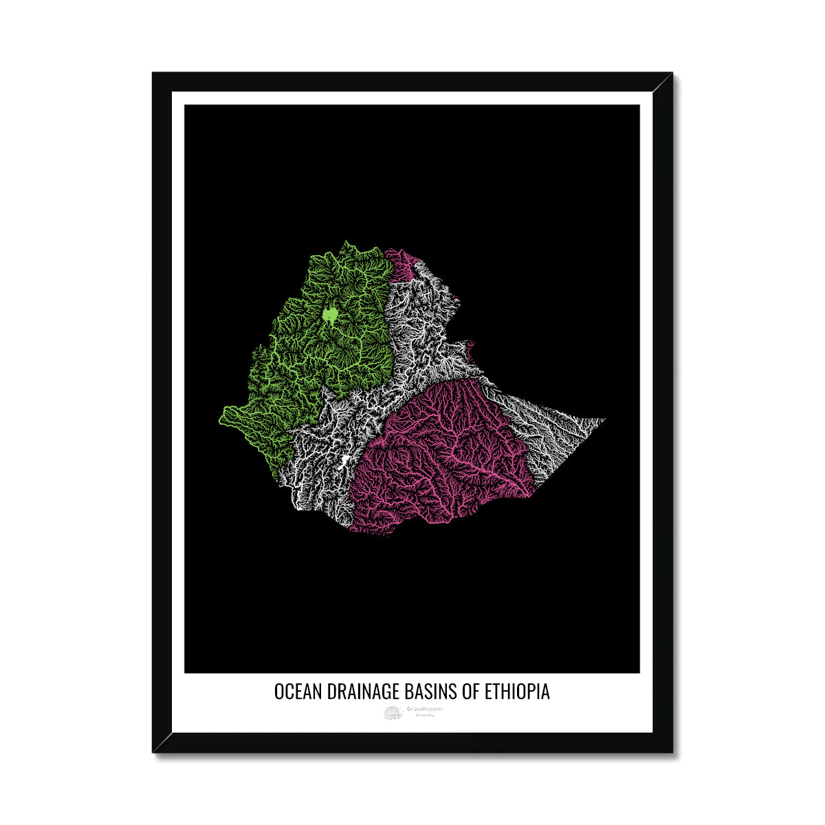 Ethiopia Ocean Drainage Basin Map Black V1 Framed Print