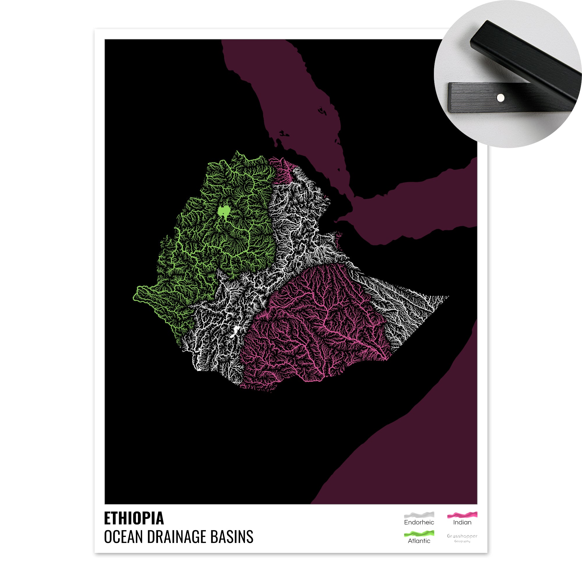 Ethiopia Ocean Drainage Basin Map Black With Legend V2 Fine Art P