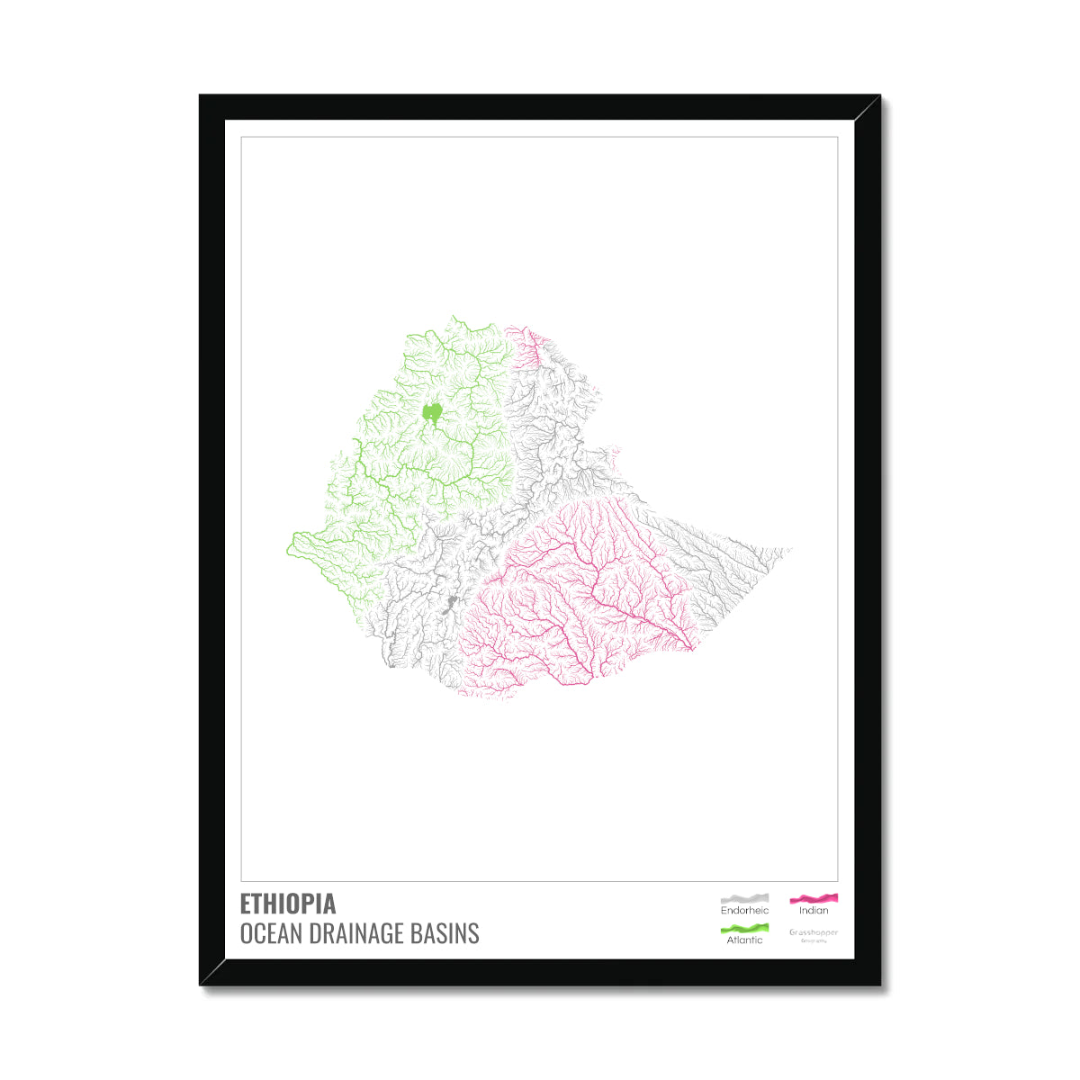 Ethiopia Ocean Drainage Basin Map White With Legend V1 Framed Pri