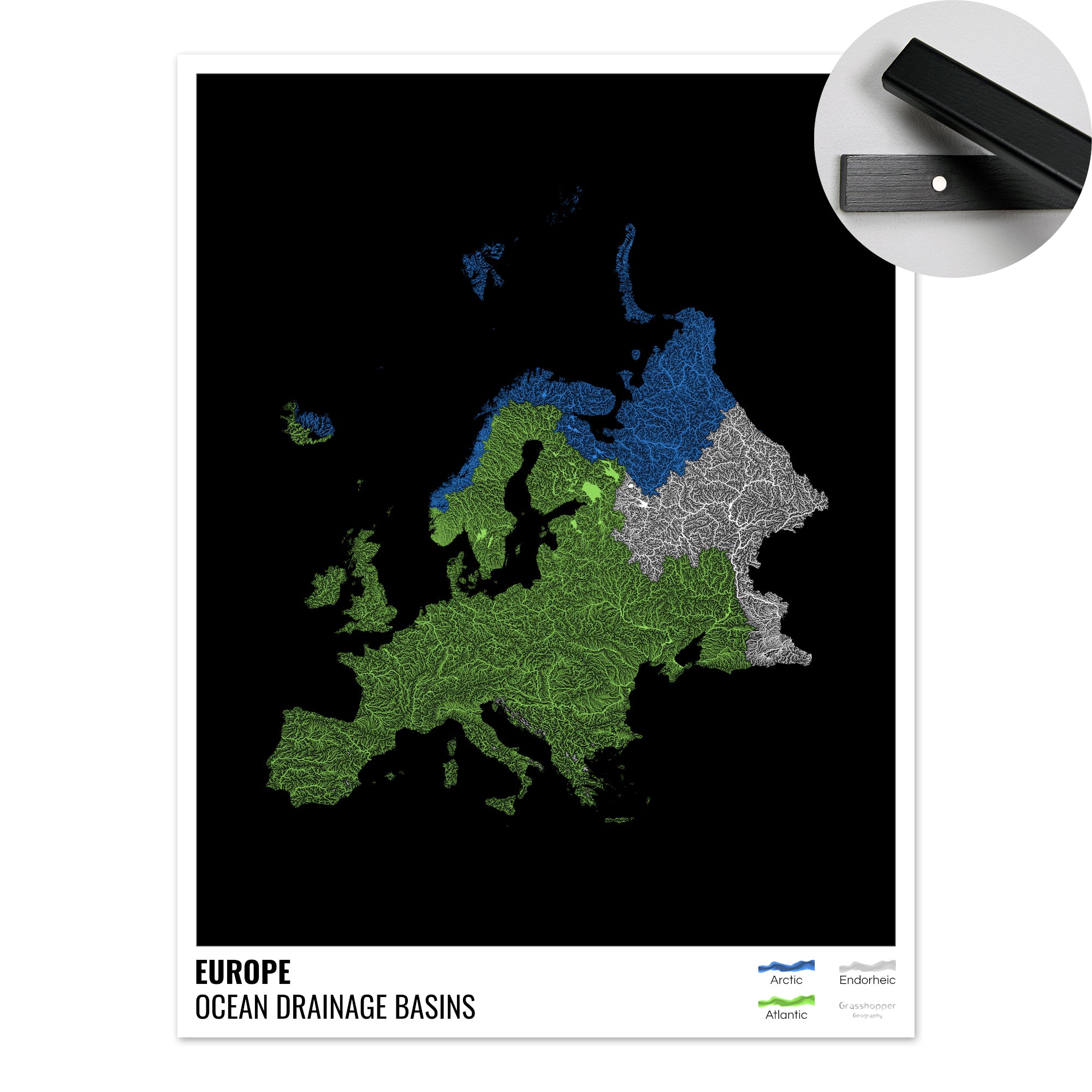 Europe Ocean Drainage Basin Map Black With Legend V1 Fine Art Pri