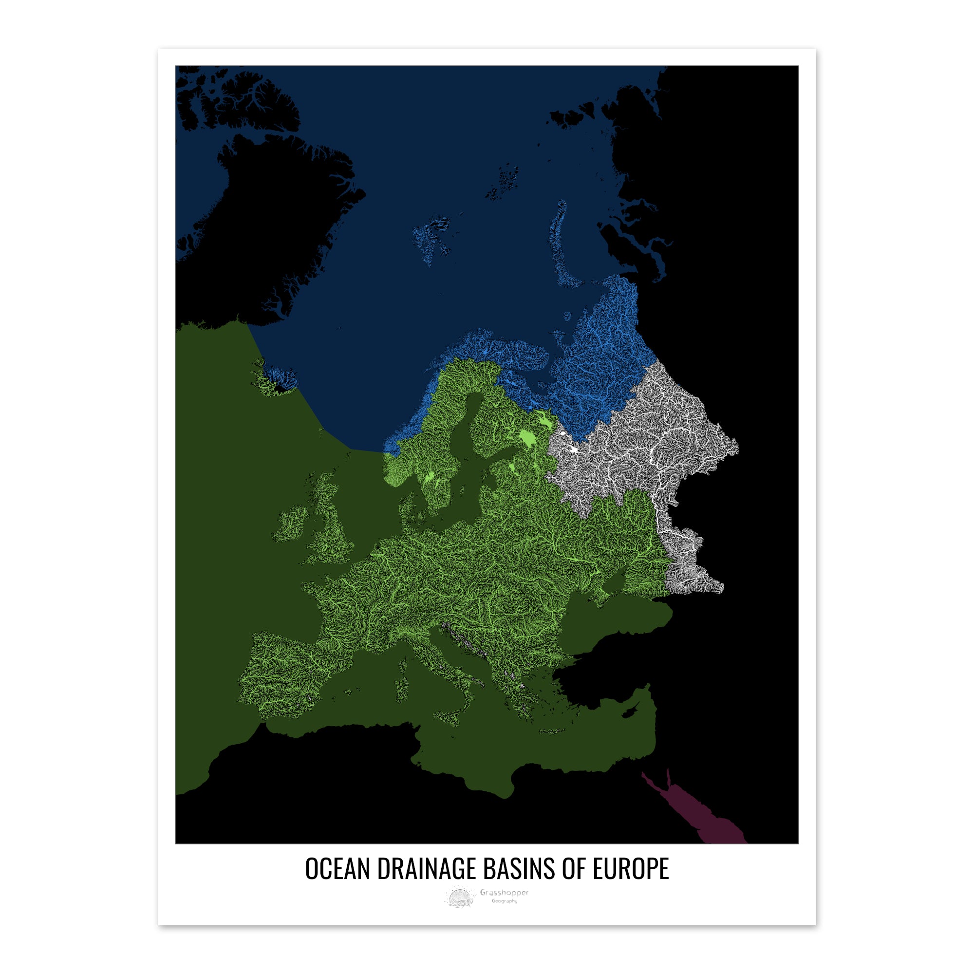 Europe Ocean Drainage Basin Map Black V2 Photo Art Print