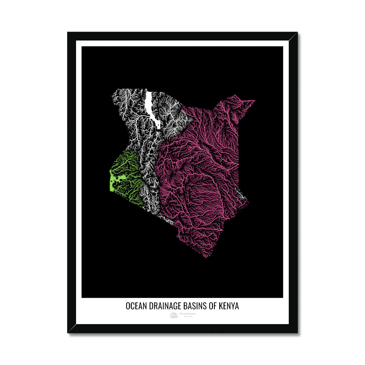 Kenya Ocean Drainage Basin Map Black V1 Framed Print Grasshopper