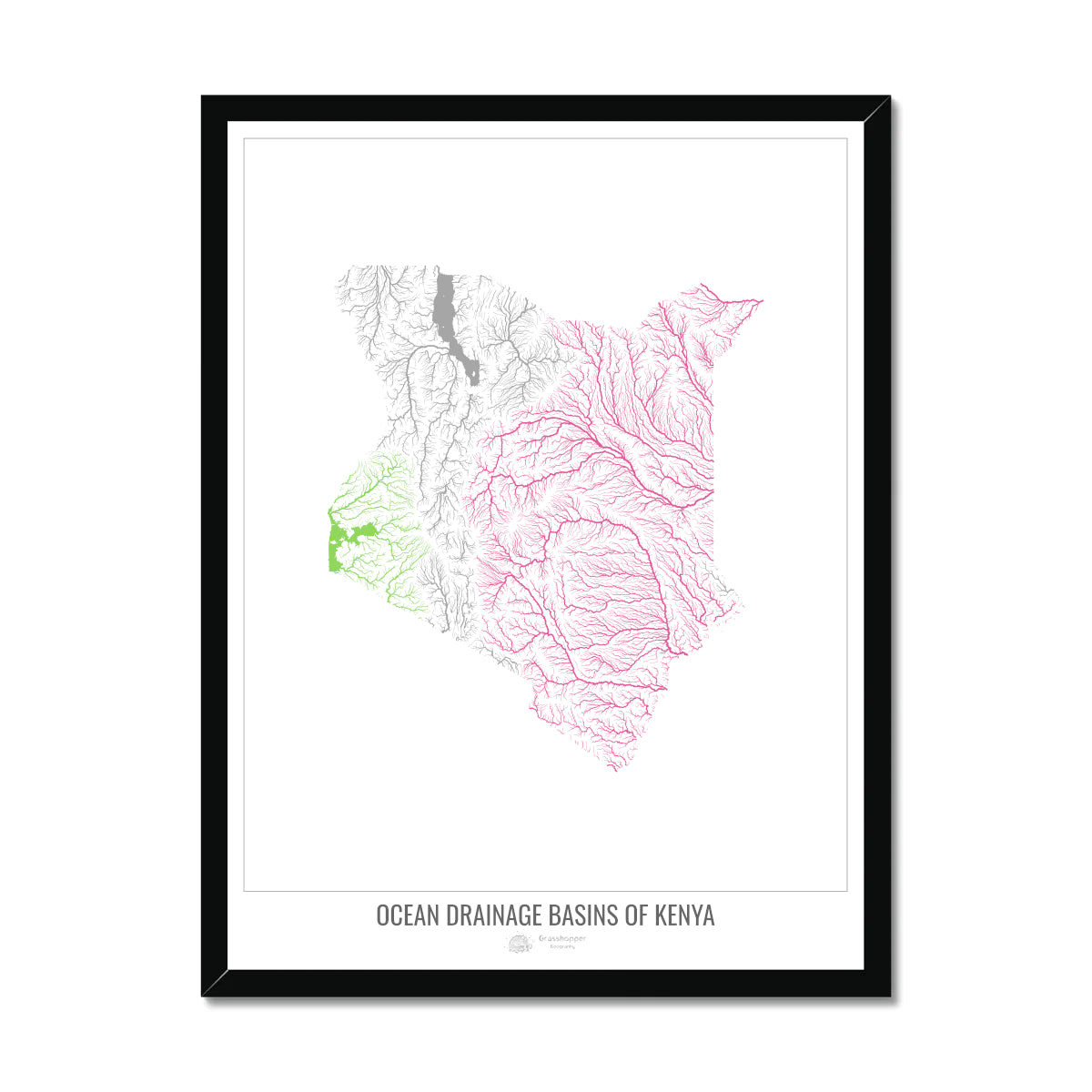Kenya Ocean Drainage Basin Map White V1 Framed Print Grasshopper