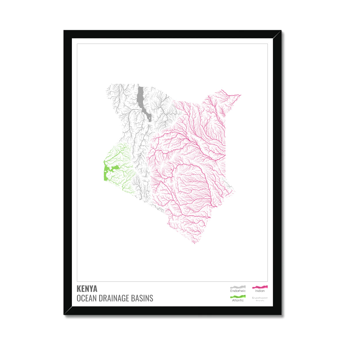 Kenya - Ocean drainage basin map, white with legend v1 - Framed Print ...
