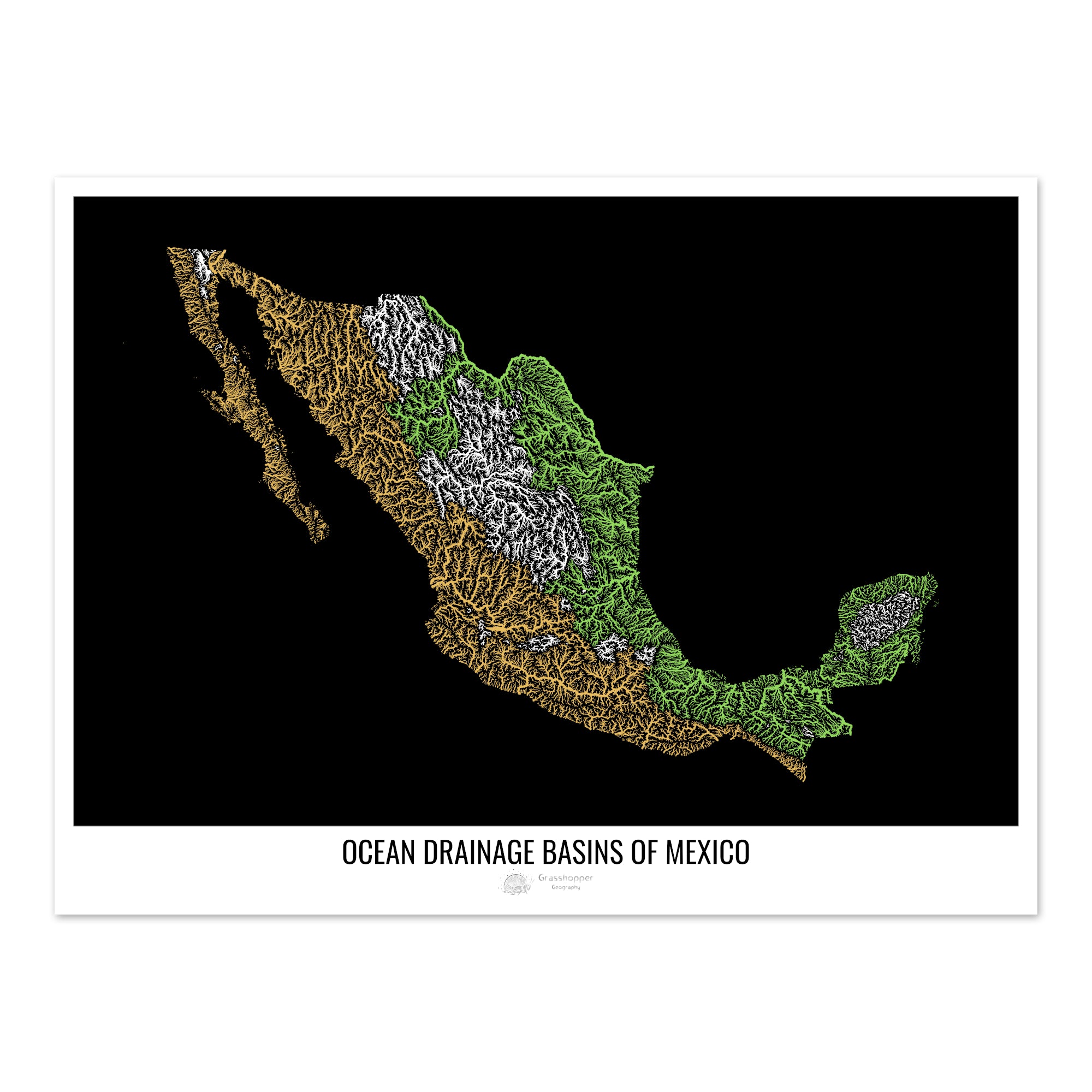 Mexico Ocean Drainage Basin Map Black V1 Fine Art Print
