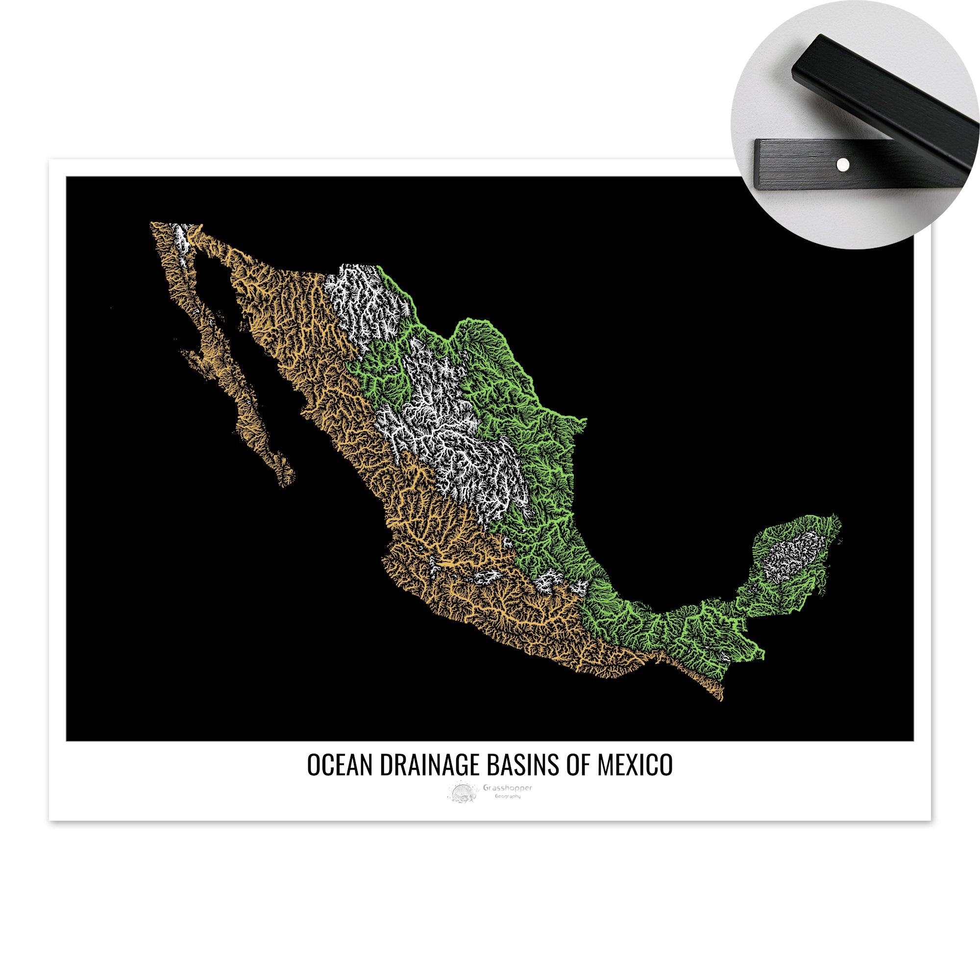 Mexico Ocean Drainage Basin Map Black V1 Fine Art Print With Hang