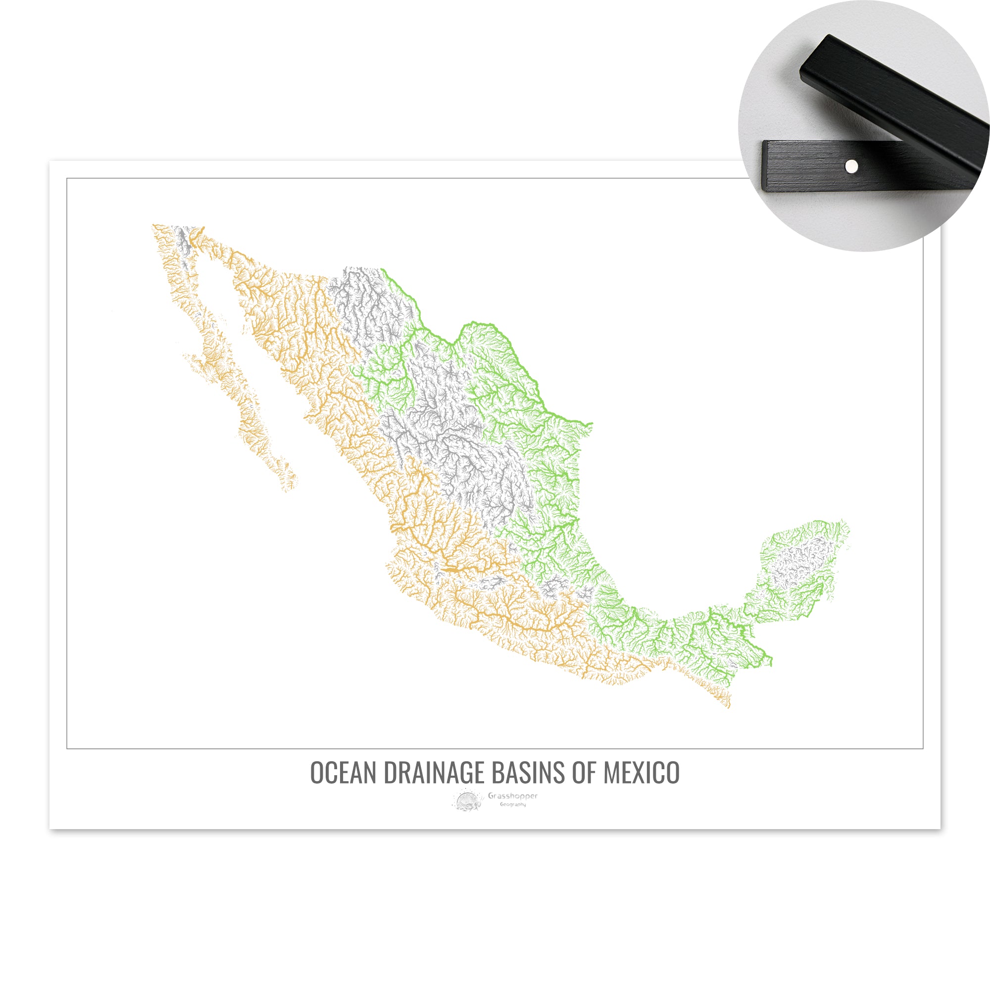 Mexico Ocean Drainage Basin Map White V1 Fine Art Print With Hang