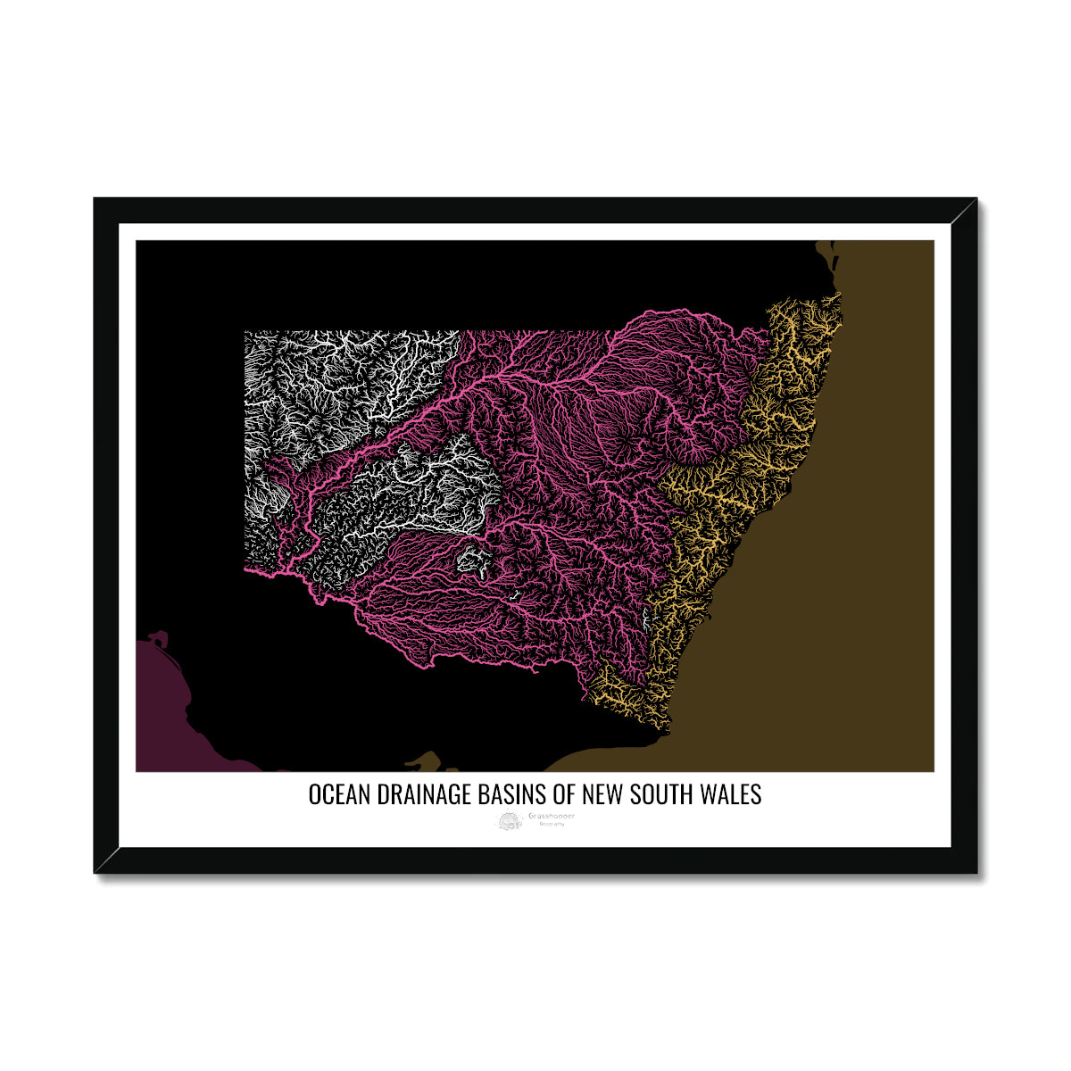 New South Wales Ocean Drainage Basin Map Black V2 Framed Print