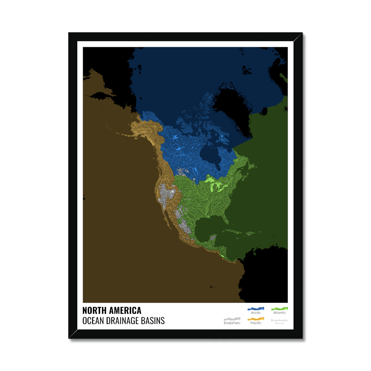 North America - Ocean drainage basin map, black with legend v2 - Frame ...
