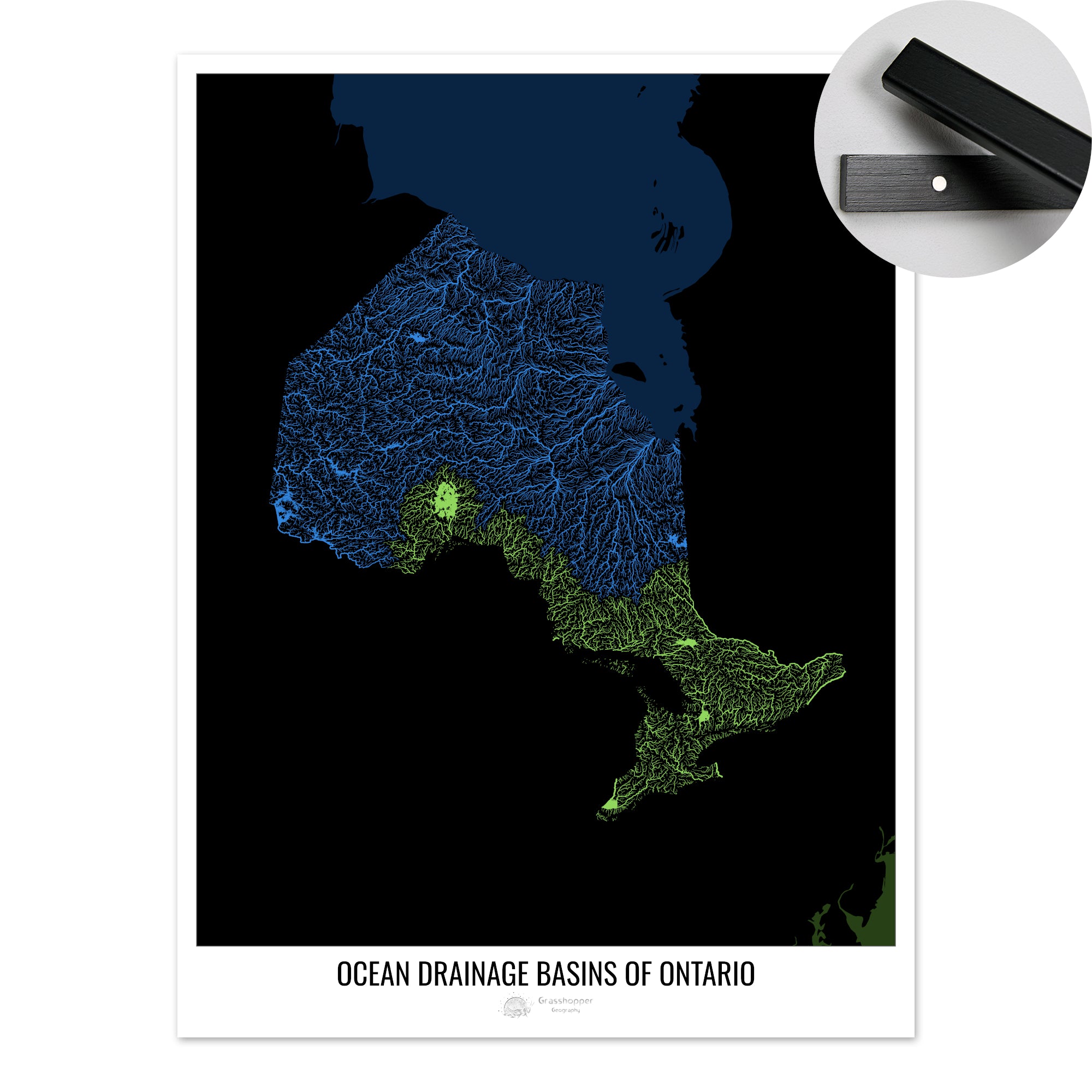 Ontario Ocean Drainage Basin Map Black V2 Fine Art Print With Han