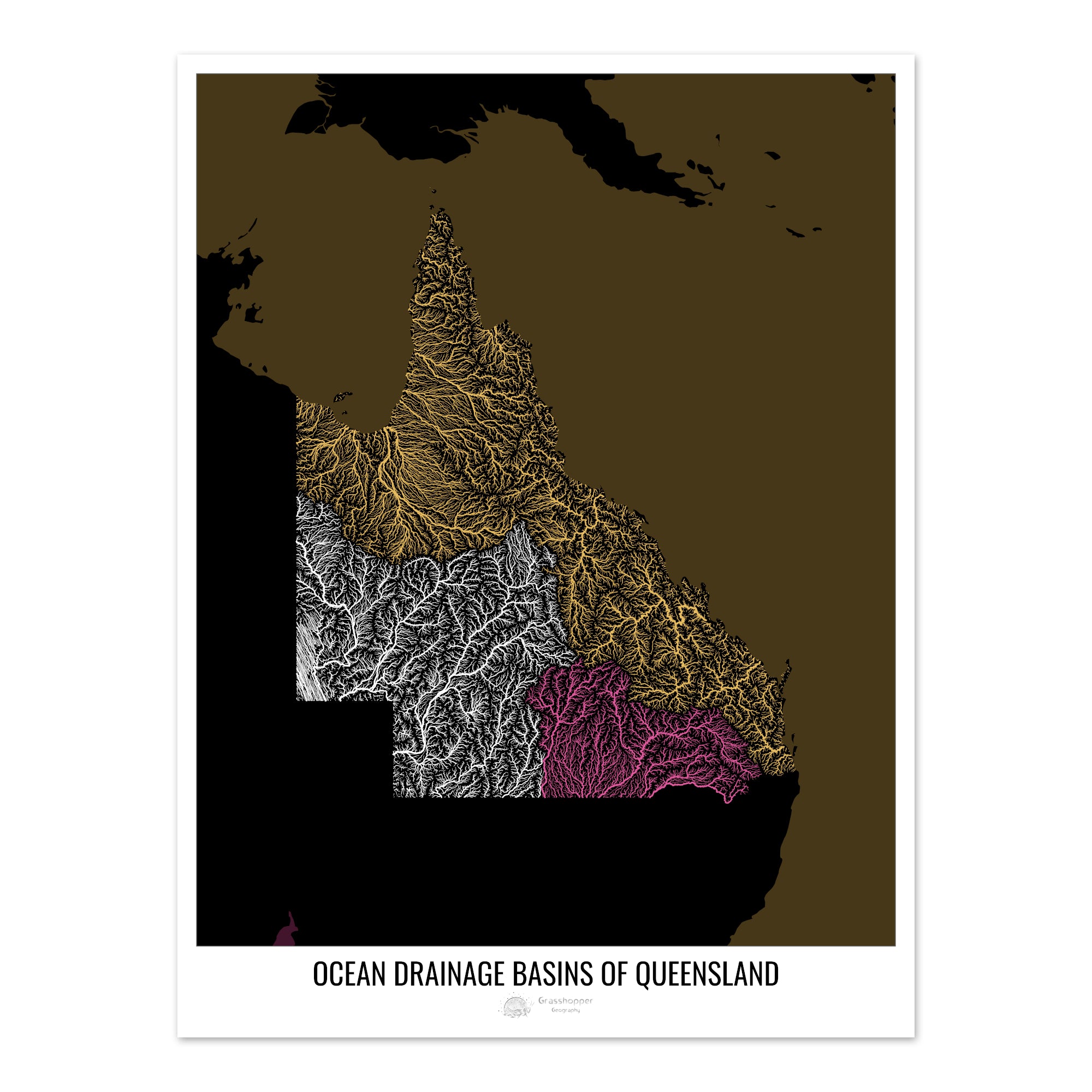 Queensland Ocean Drainage Basin Map Black V2 Fine Art Print