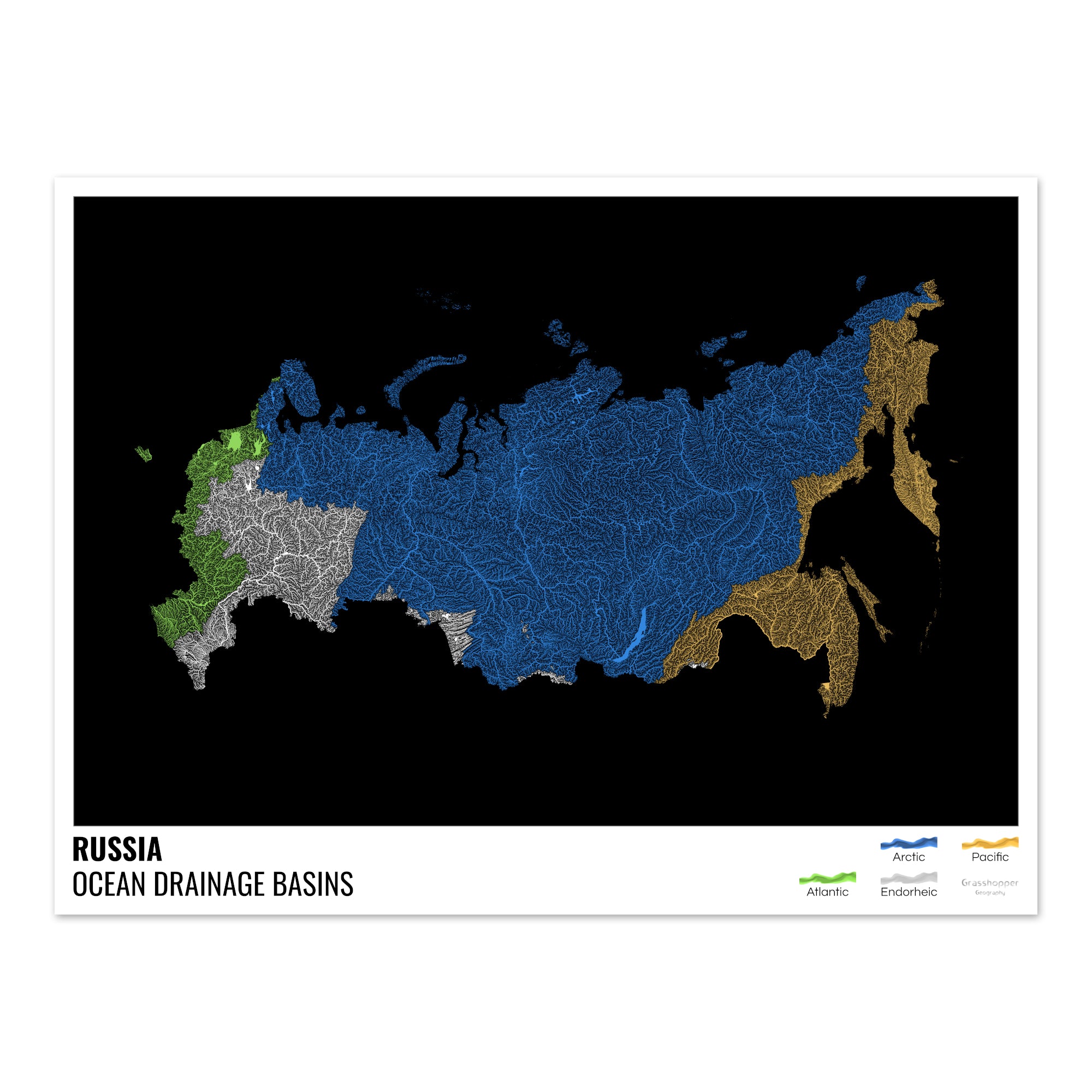 Russia Ocean Drainage Basin Map Black With Legend V1 Fine Art Pri
