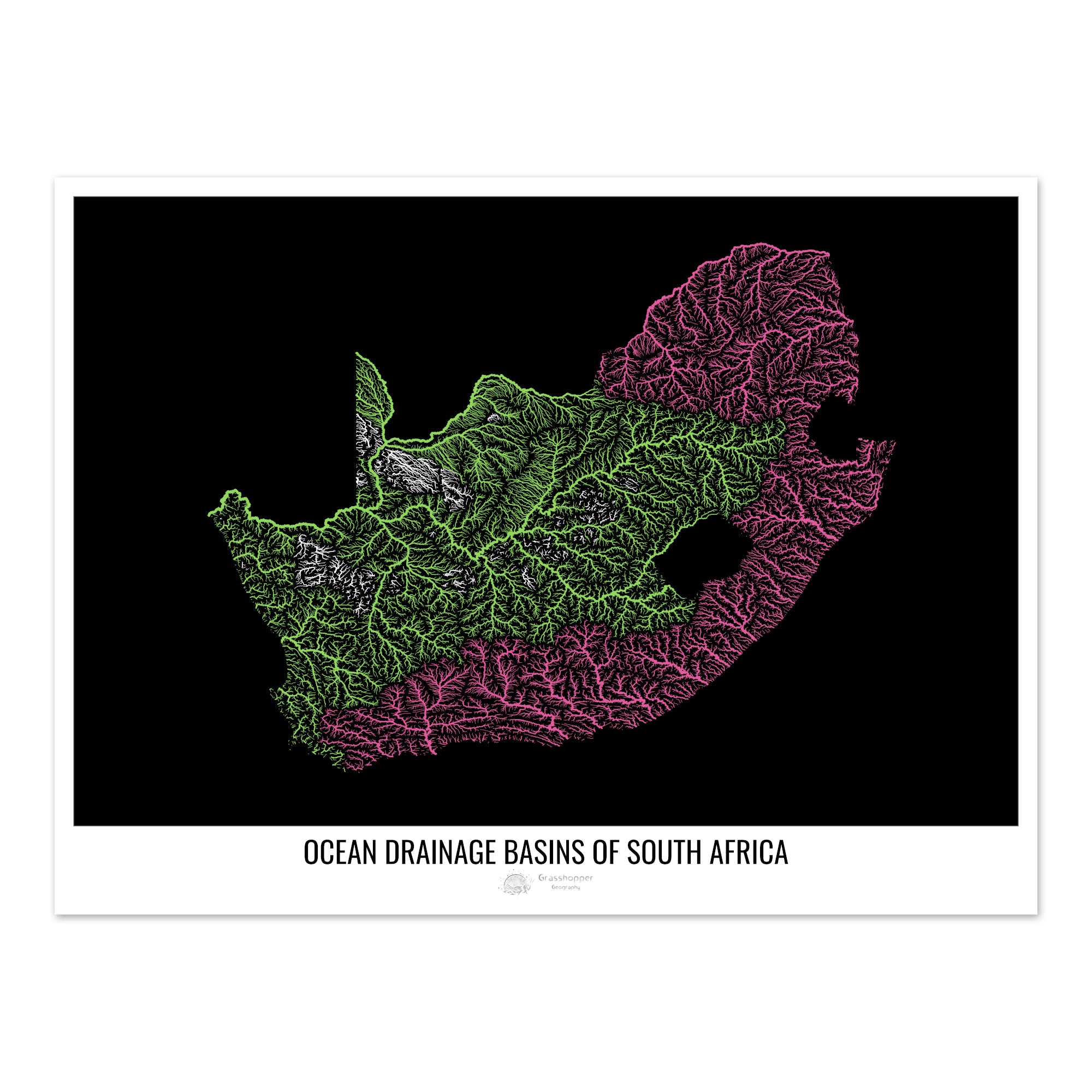 South Africa Ocean Drainage Basin Map Black V1 Fine Art Print