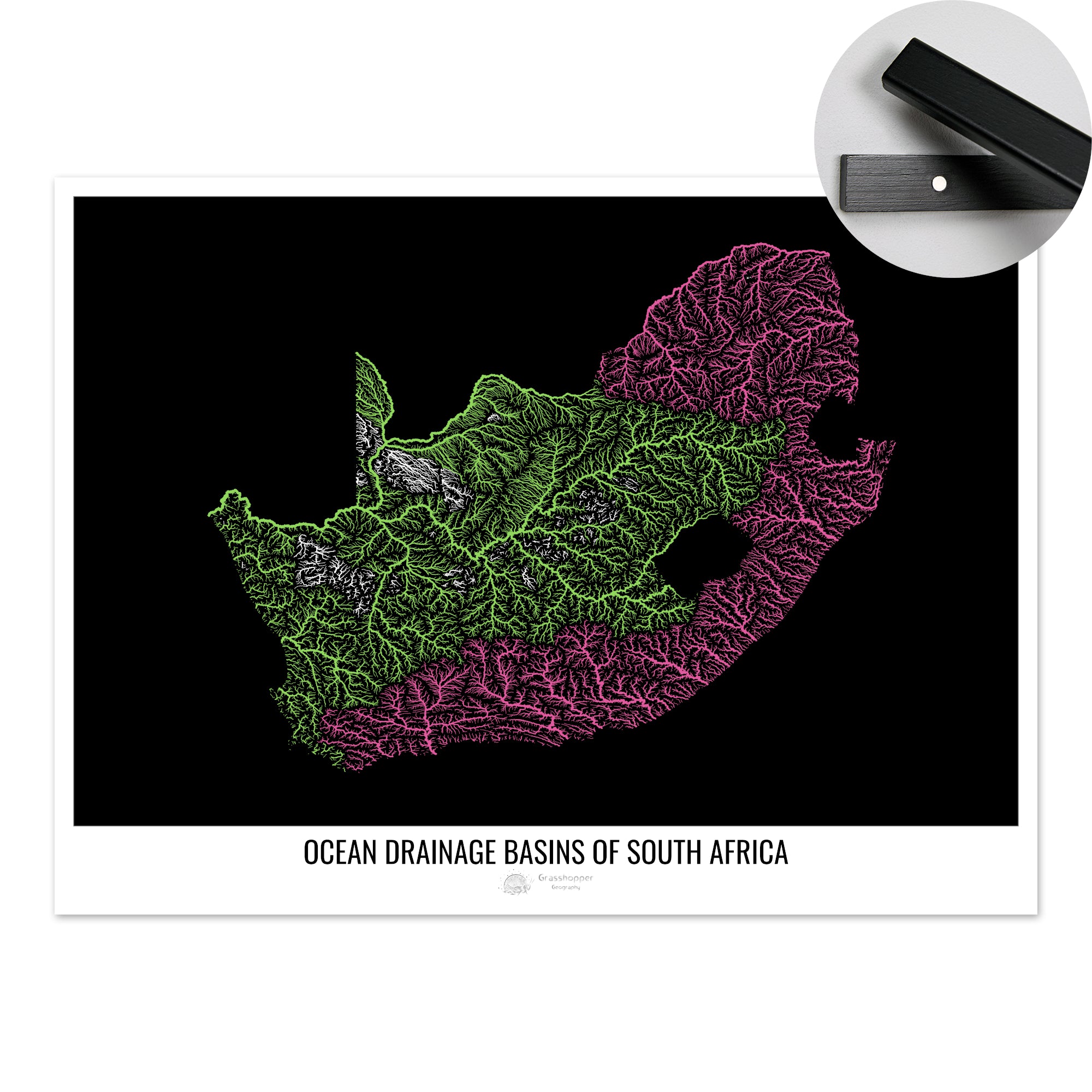 South Africa Ocean Drainage Basin Map Black V1 Fine Art Print Wit