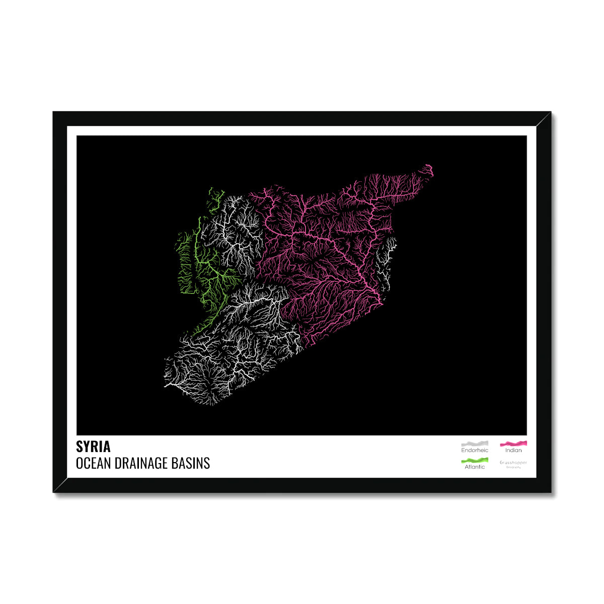 Syria Ocean Drainage Basin Map Black With Legend V1 Framed Print