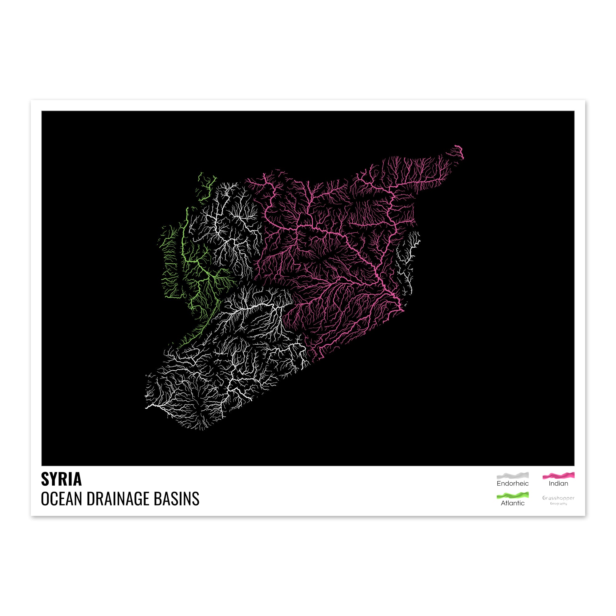 Syria Ocean Drainage Basin Map Black With Legend V1 Photo Art Pri
