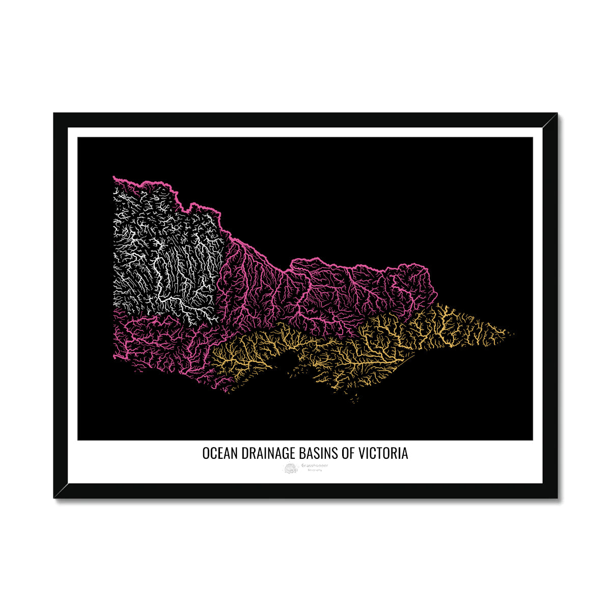 Victoria Ocean Drainage Basin Map Black V1 Framed Print
