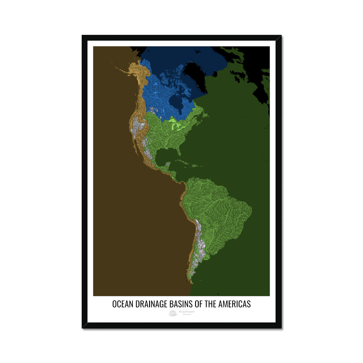 The Americas Ocean Drainage Basin Map Black V2 Framed Print