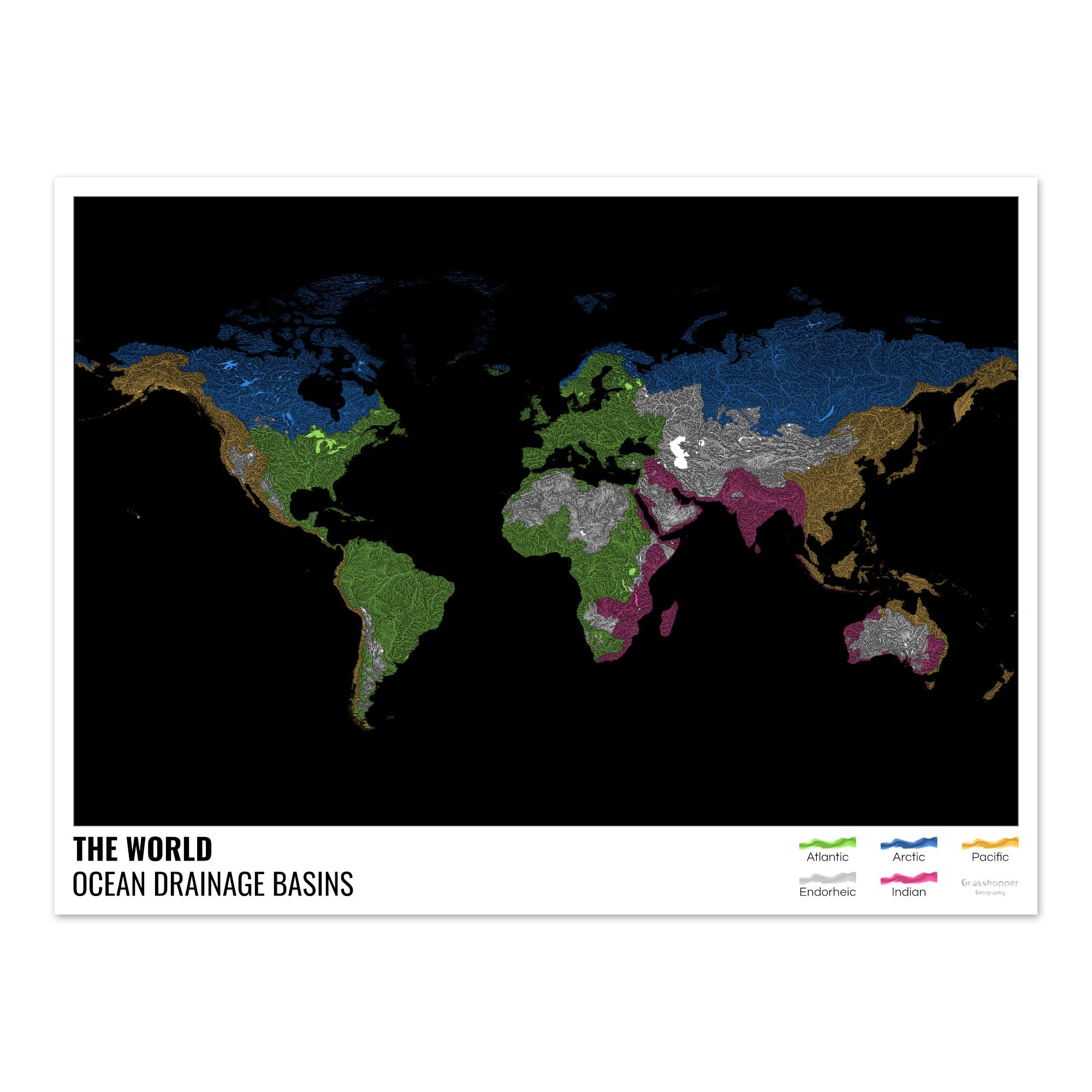 The world - Ocean drainage basin map, black with legend v1 - Fine Art – Grasshopper Geography