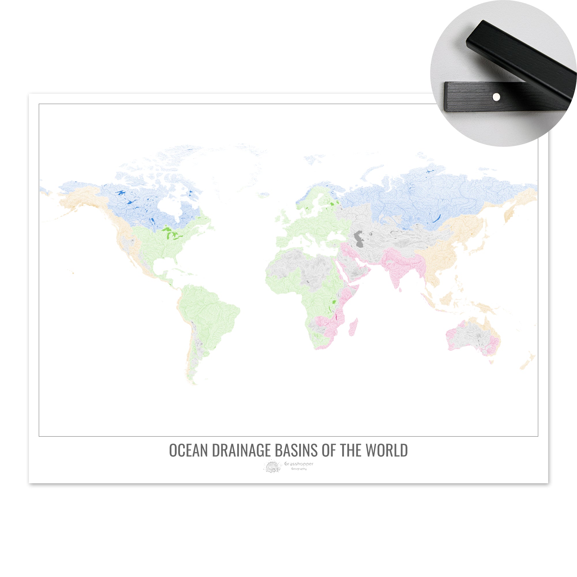 The World Ocean Drainage Basin Map White V1 Fine Art Print With H