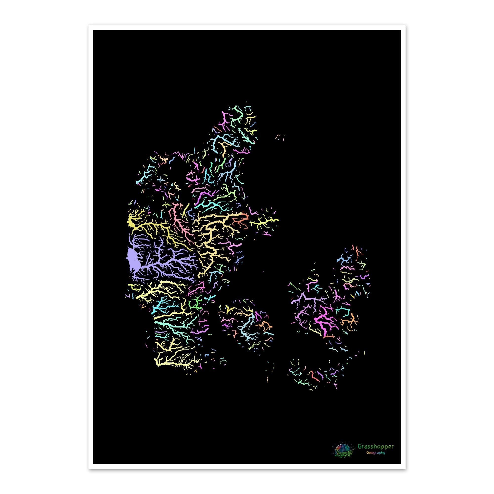 Denmark River Basin Map Pastel On Black Fine Art Print