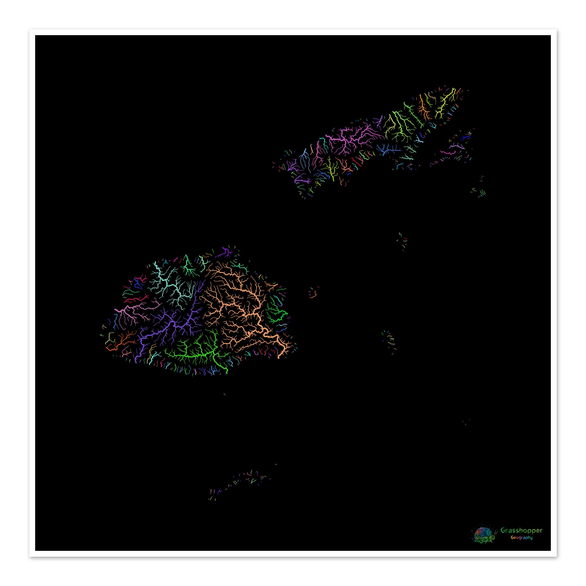 Fiji River Basin Map Rainbow On Black Fine Art Print Grasshopper