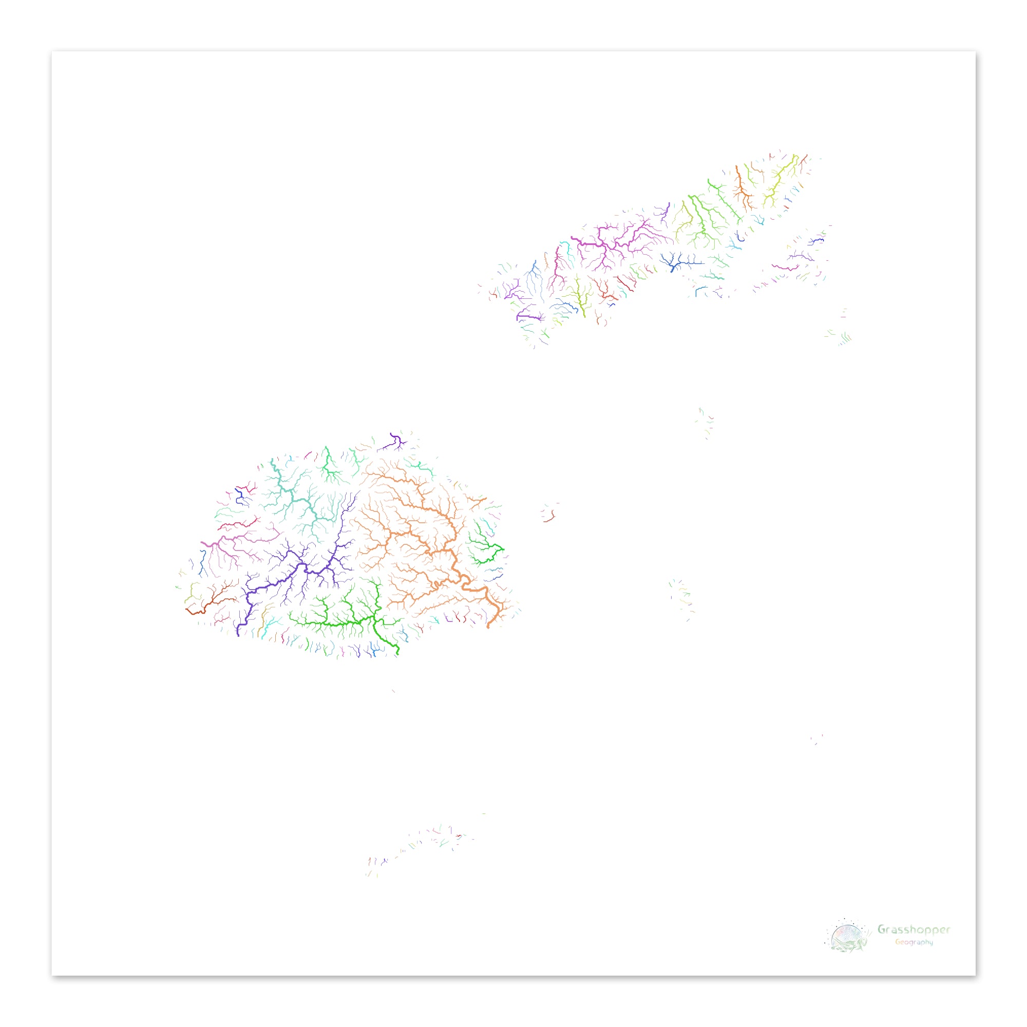 Fiji River Basin Map Rainbow On White Fine Art Print