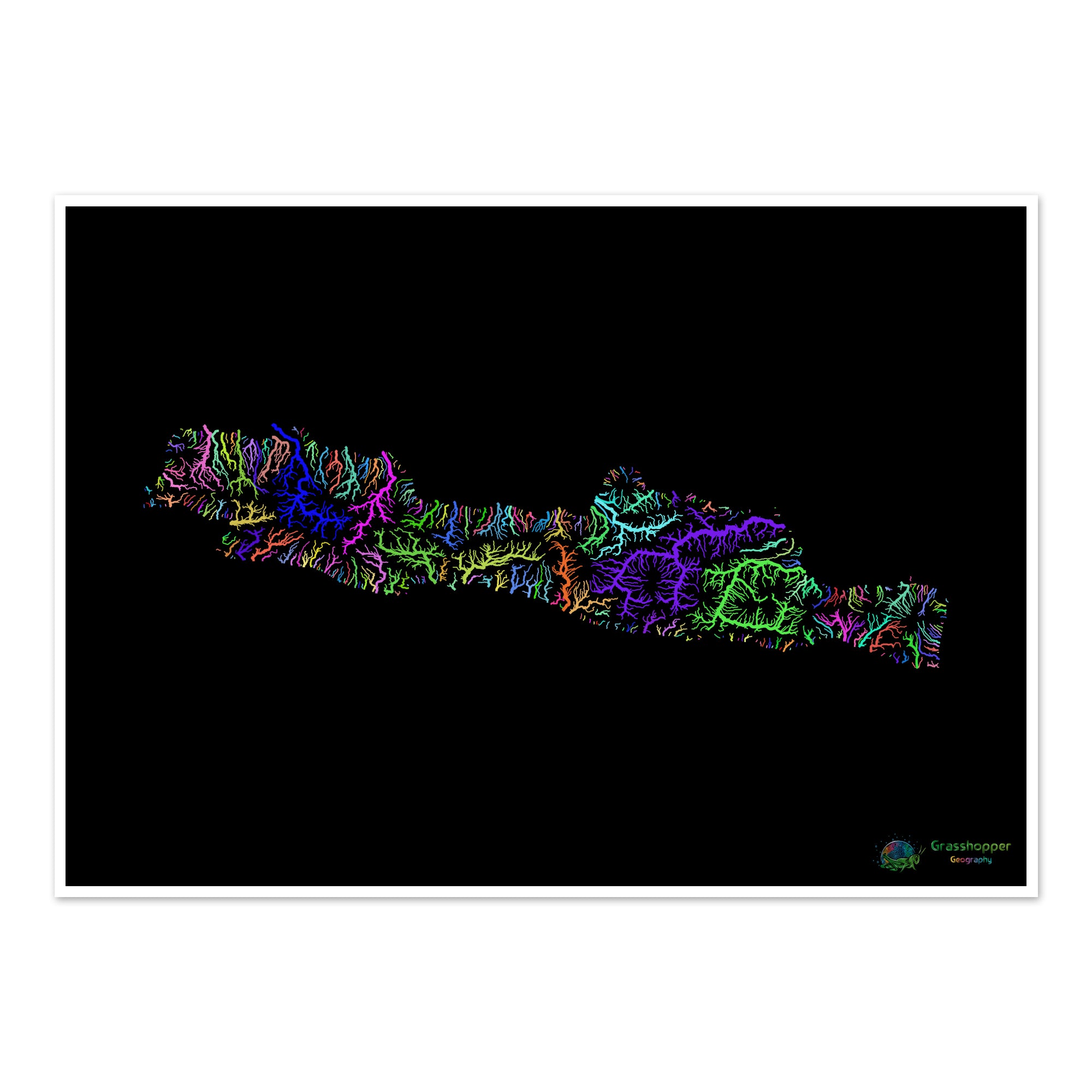 Java River Basin Map Rainbow On Black Fine Art Print Grasshopper