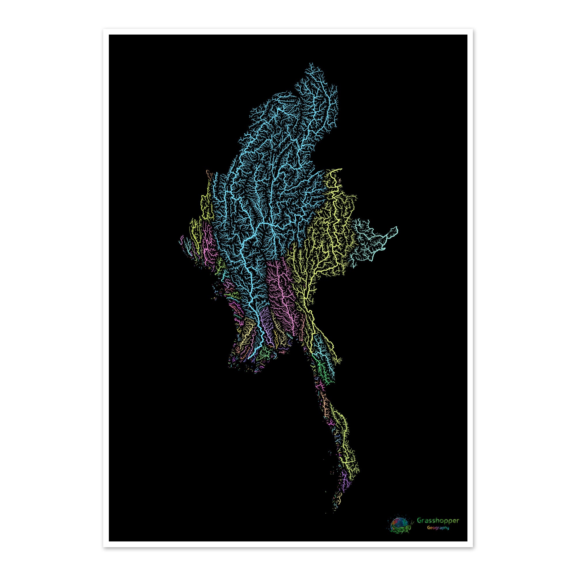 Myanmar River Basin Map Pastel On Black Fine Art Print