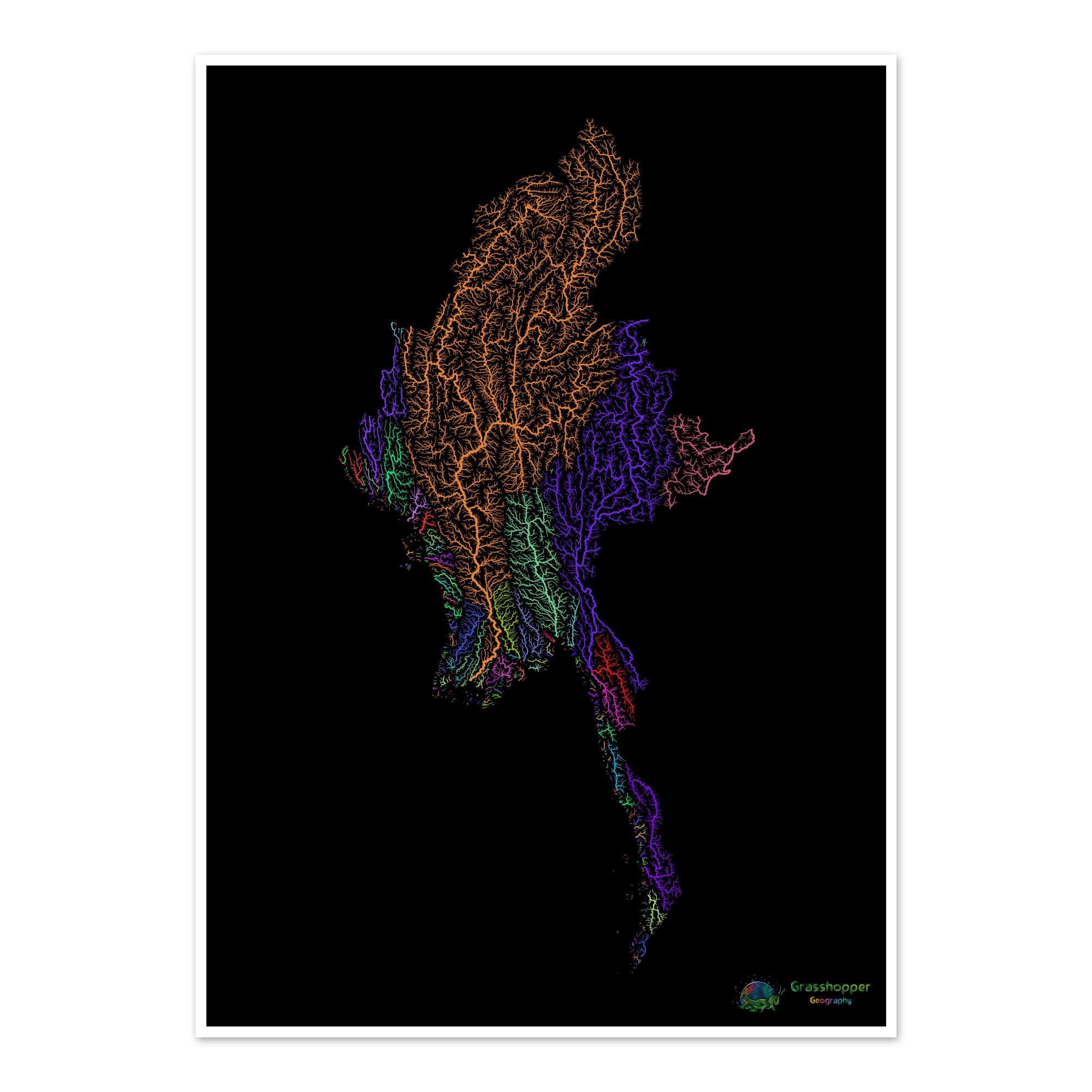 Myanmar River Basin Map Rainbow On Black Fine Art Print