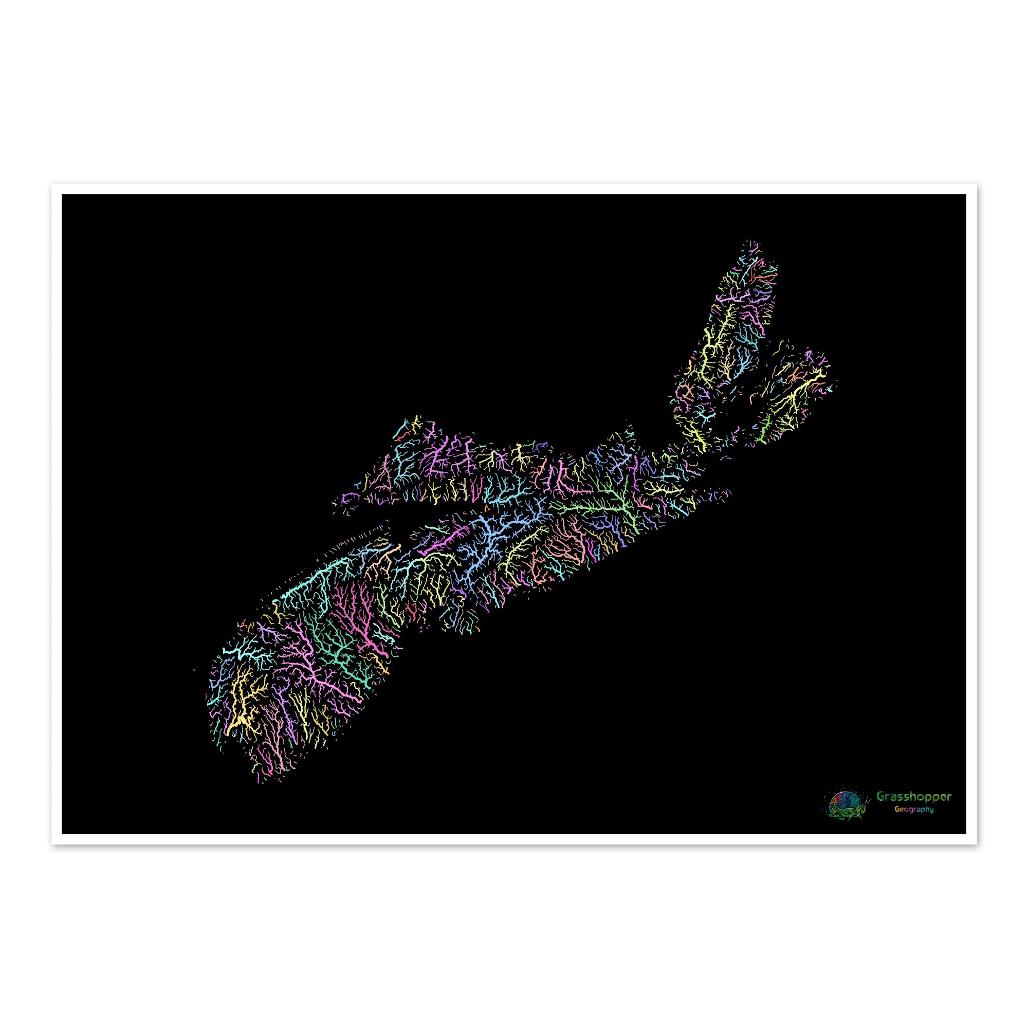 Nova Scotia River Basin Map Pastel On Black Fine Art Print