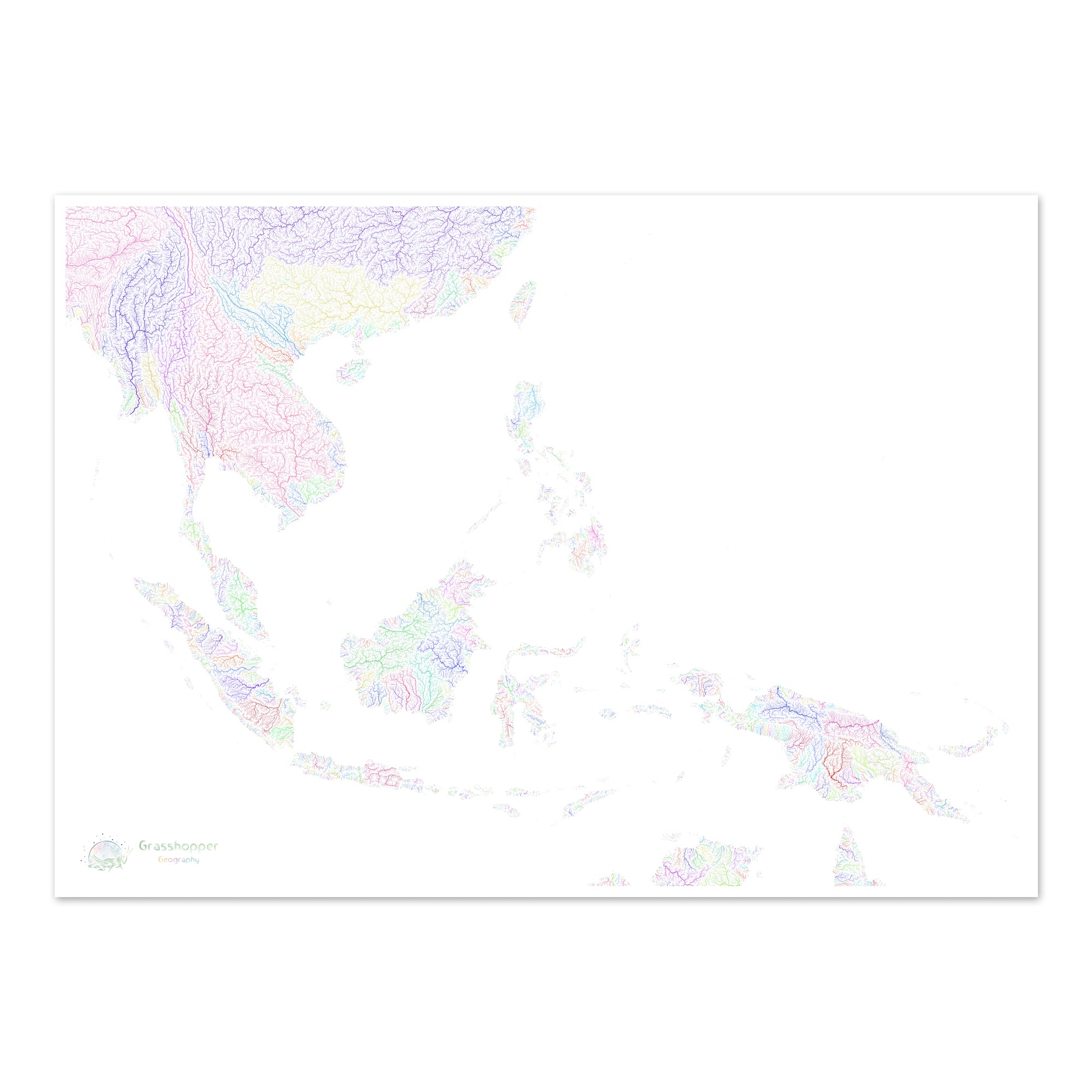 Southeast Asia River Basin Map Rainbow On White Fine Art Print
