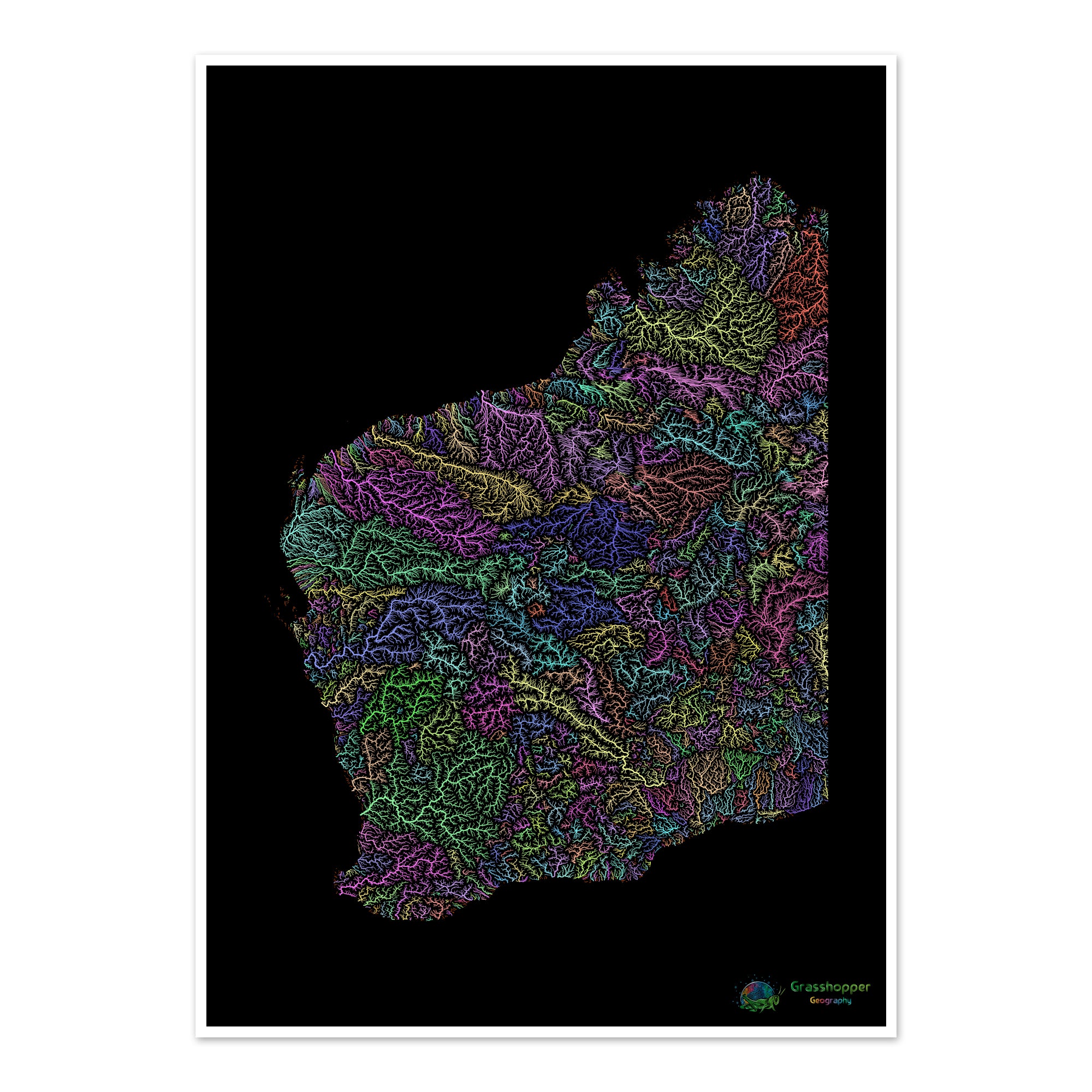Western Australia River Basin Map Pastel On Black Fine Art Print