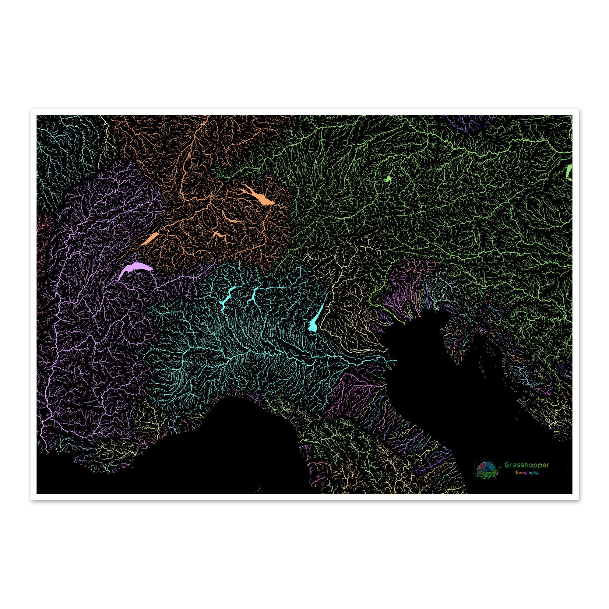 The Alps River Basin Map Pastel On Black Fine Art Print