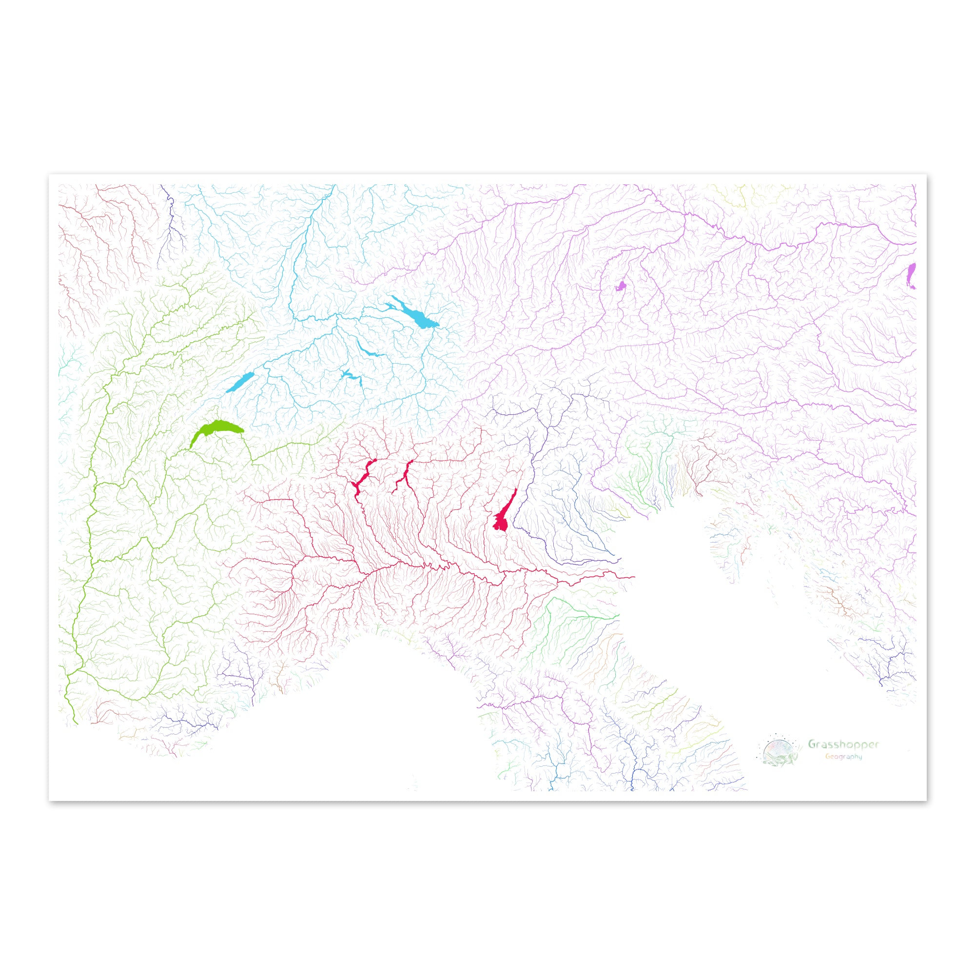 The Alps River Basin Map Rainbow On White Fine Art Print