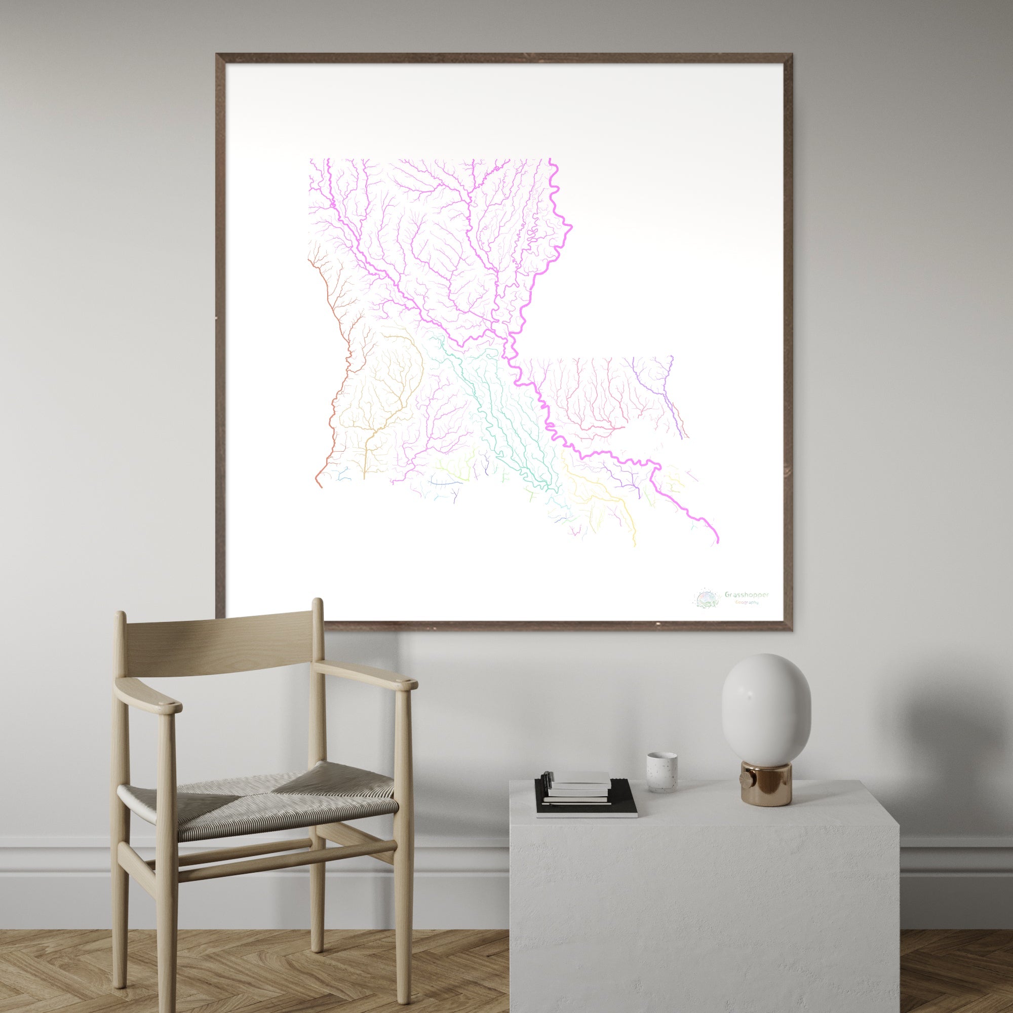 River Basin Map Of Louisiana Pastel Colours On White Fine Art Print
